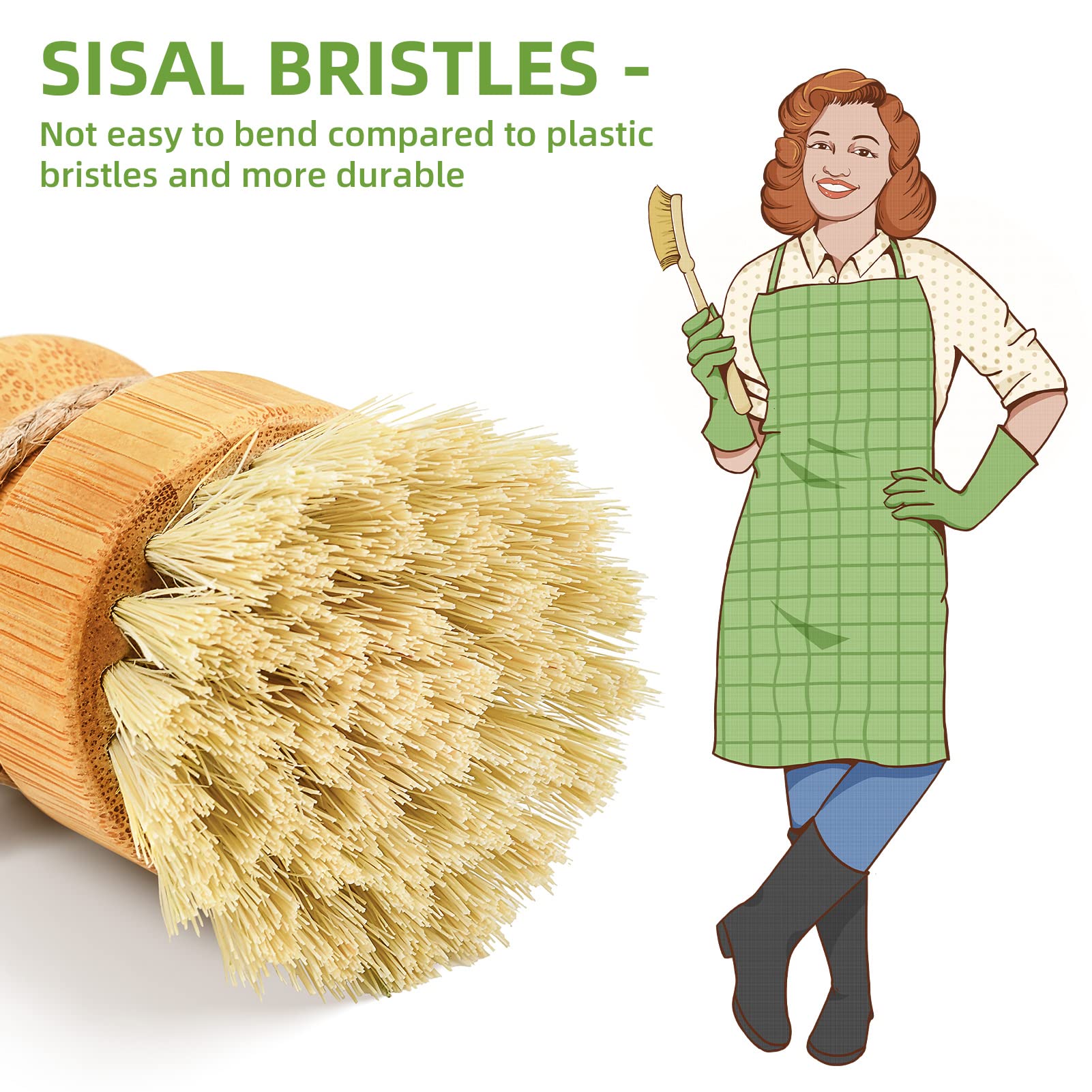 SUBEKYU Bamboo Dish Scrub Brushes, Bubble Up Bamboo Dish Brush Set with Brush Tray, Kitchen Wooden Cleaning Scrubbers Set for Washing Cast Iron Pan/Pot, Natural Sisal +Coconut Palbristles, Set of 2