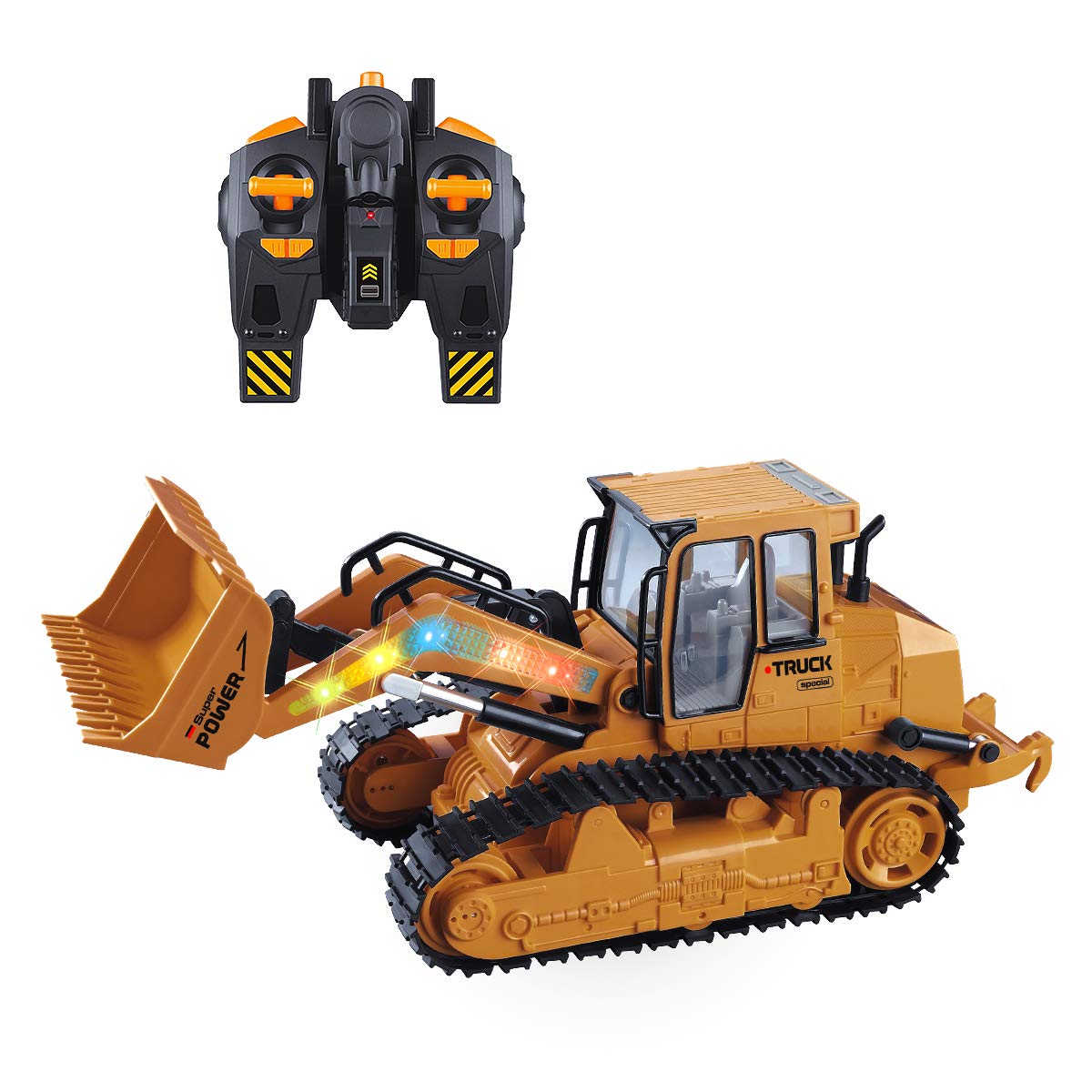 VAlinks 5 Channel RC Bulldozer, Remote Control Excavator, Full Functional Front Loader Construction Vehicles Toy with 2.4Ghz Transmitter and Shovel Lights, Simulation Sound for Kid