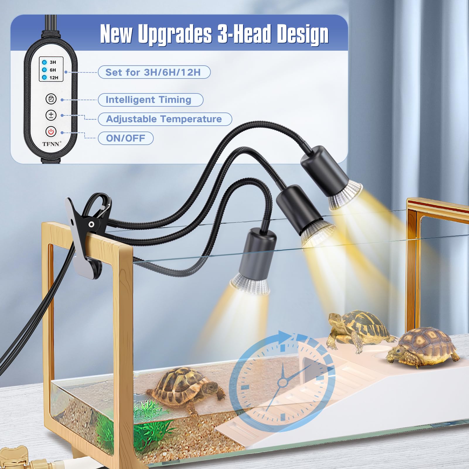 TFNN Reptile Heat Lamp, Three Head Reptile Light with Cycle Timer,UVA UVB light, dimmable Basking lamp for Tortoise, Bearded Dragon, Lizard, Snake, E26/27 Base with 4 Bulbs (50W)-Black