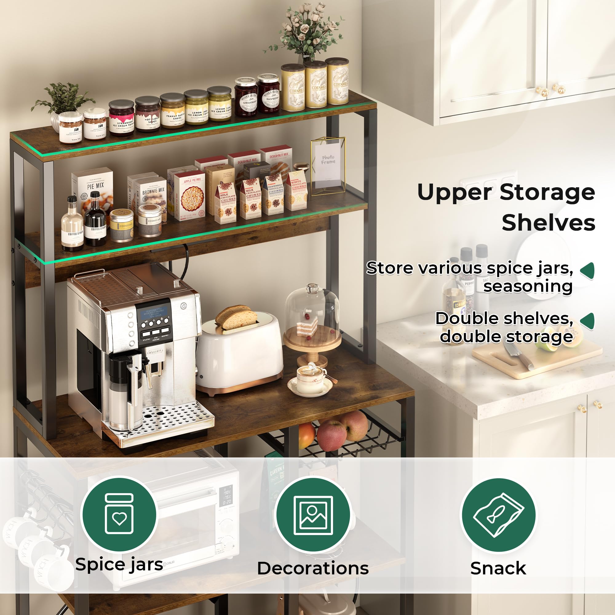 SUPERJARE Bakers Rack with Power Outlet, 35.4 Inches Coffee Bar with Wire Basket, Kitchen Microwave Stand with 6 S-Shaped Hooks, Open Storage Shelves, Rustic Brown