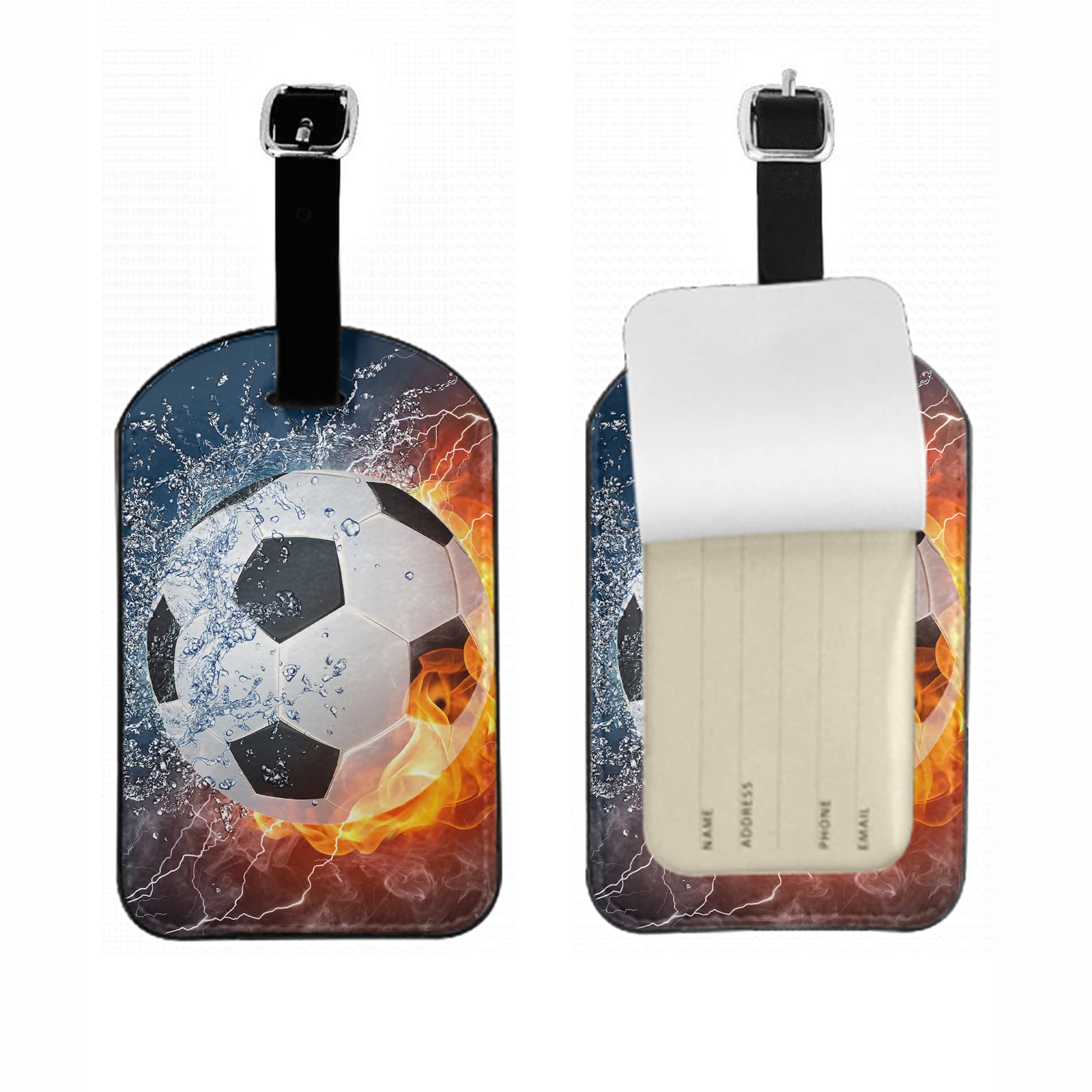 Zoczos Soccer Luggage Tag with Full Privacy Cover Ball in Burning Fire Water Lightening Sports Football Game Travel Accessories Tags with Name ID Labels for Suitcases Women Men, 1 Pack