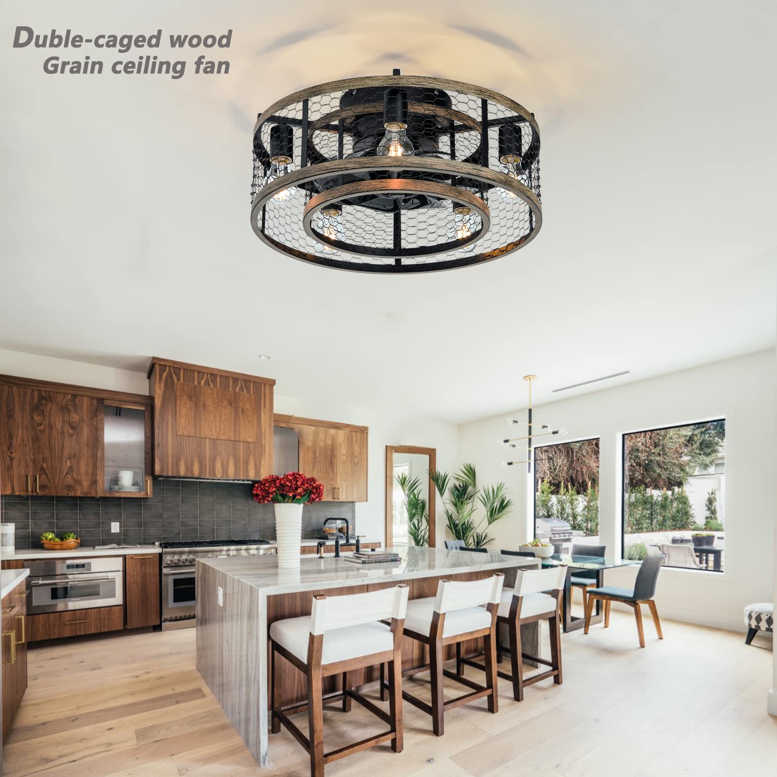 TFVV 20" Caged Ceiling Fan with Light,Low Profile Flush Mount Bladeless Small Ceiling Fan Light for Bedroom,Livingroom (Copper)