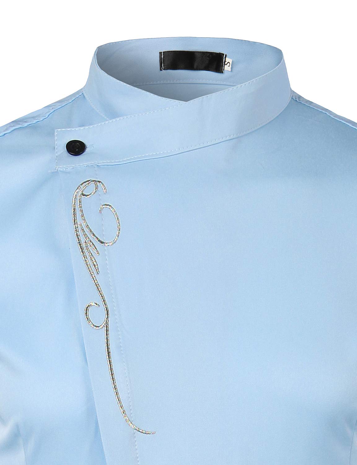 ZEROYAA Mens Hipster Embroidery Slim Fit Long Sleeve Casual Mandarin Collar Dress Shirts Z53 Light Blue Large