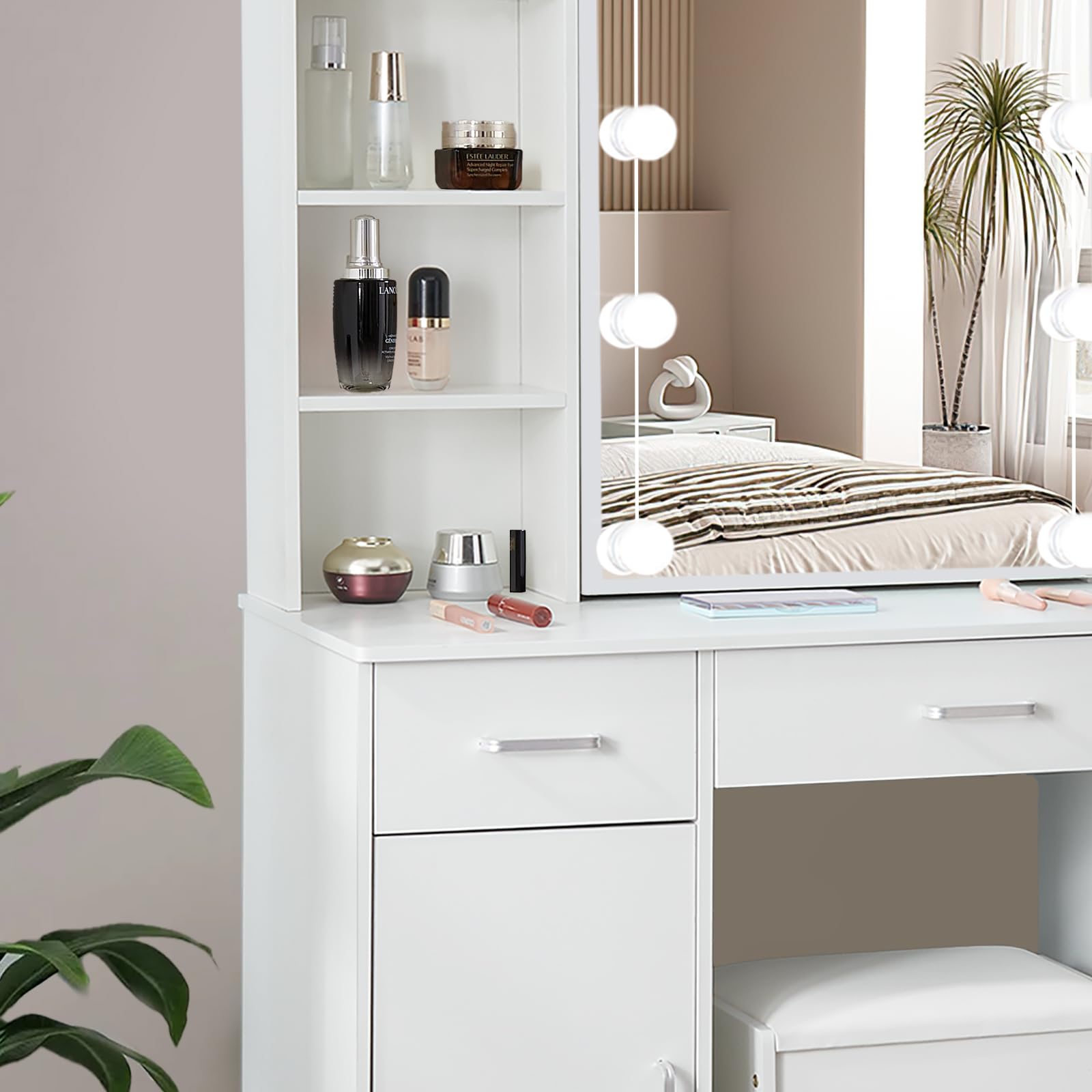 Vanity Desk, 35" W Makeup Vanity with Light & Mirror - 3 Lighting Modes Brightness, Large Drawer & Two Level Storage, Hidden and Open Shelves