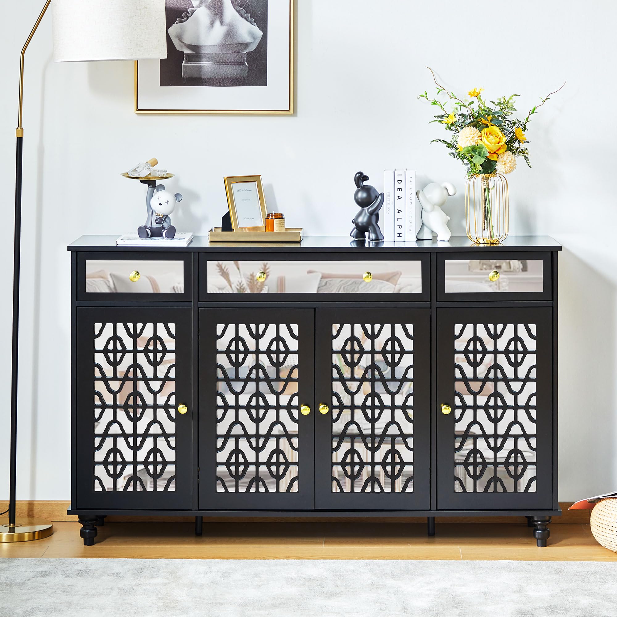 weselon Accent Buffet Sideboard with 4 Mirror Doors, Luxury 3 Drawer Storage Cabinet with Adjustable Shelves, Accent Buffet Cabinet for Living Room