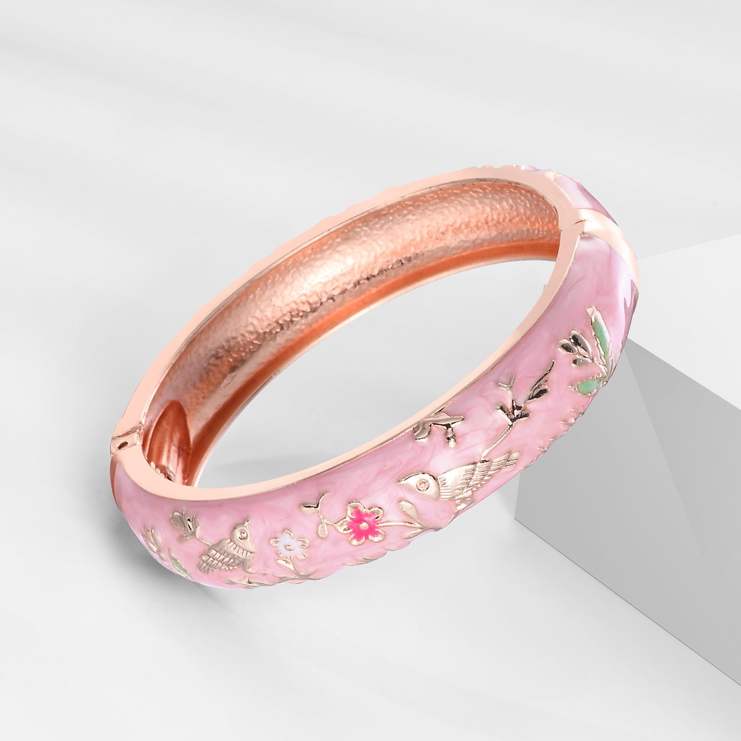 UJOY Colors Handcraft Jewelry Cloisonne Bracelet Enamel Bird Spring Hinged Womens Bangles Gifts Box 55C49-55A82 pink white