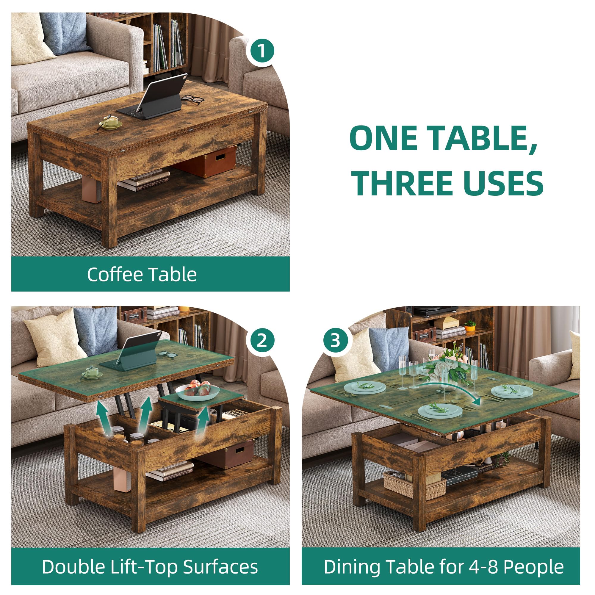 YITAHOME Lift Top Coffee Table, 3 in 1 Multi-Function Coffee Tables with Storage for Living Room, Farmhouse Modern Dining Table for Small Reception Room/Home Office,Rustic Brown