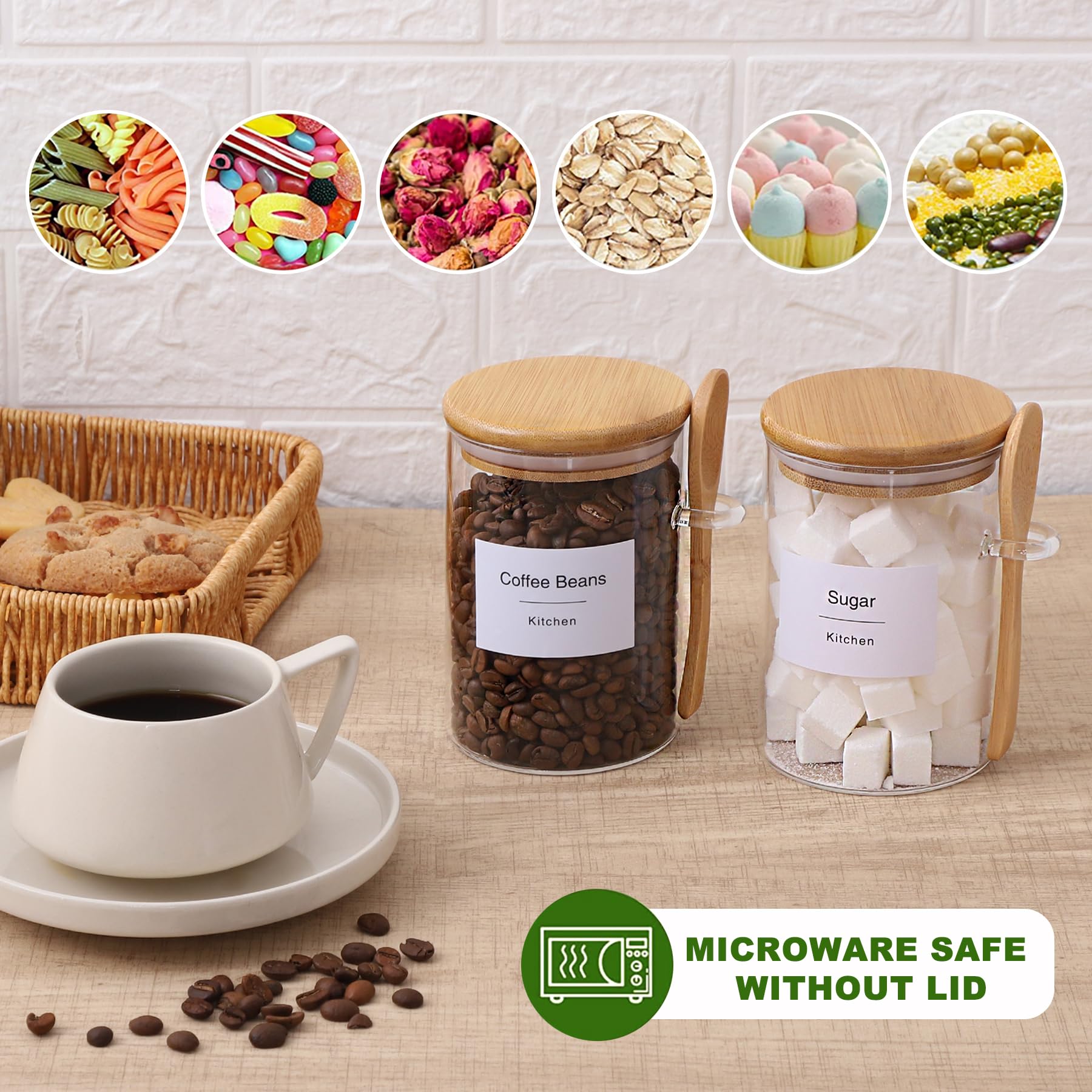 Sugar Jar Bath Salt Container β 17 oz Glass Jar with Bamboo Lid and Spoon, Sugar Cube Holder and Canister for Countertop, Glass Containers for Coffee Beans, Tea and Overnight Oats (4 Pack)