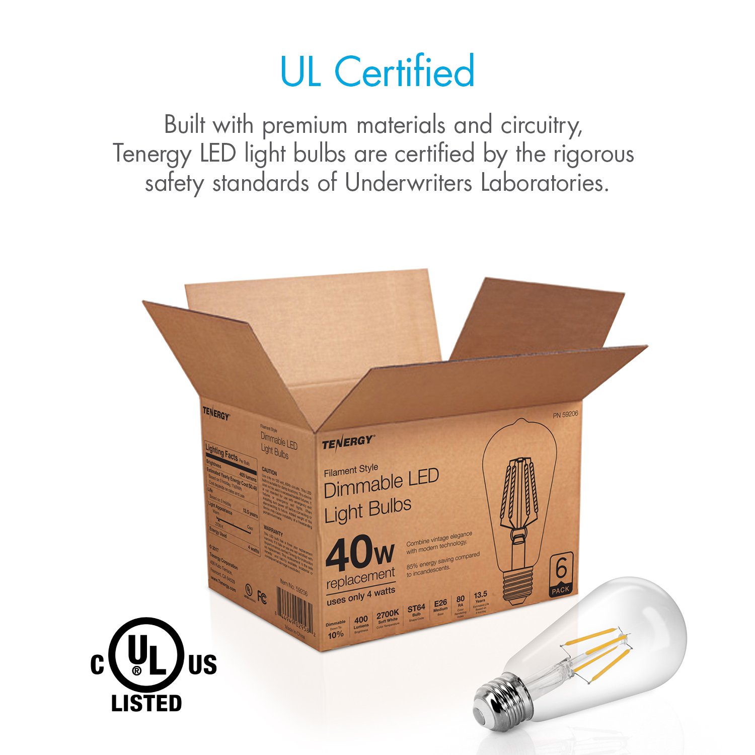 Tenergy Dimmable Edison Bulbs 5W LED Filament Bulbs (40 Watt Equivalent), Soft White (2700K), ST64 Bulbs, E26 Medium Standard Base Decorative Light Bulbs for Ceiling Light Fixtures (Pack of 6)