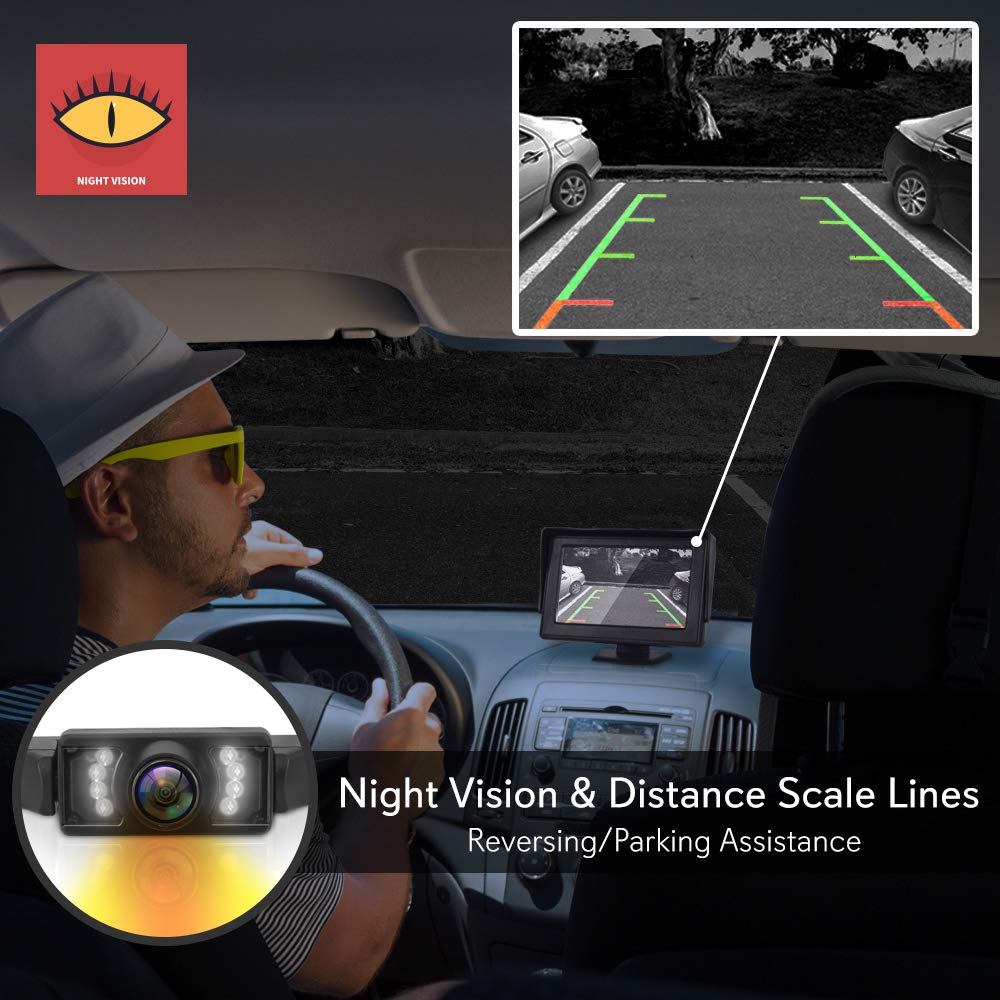 Waterproof Backup Rear View Camera - Wireless Car Parking Rearview Reverse Safety/Vehicle Monitor System w/ 4.3” Video Color LCD Display Screen, Distance Scale Lines, Night Vision - Pyle PLCM4585WIR