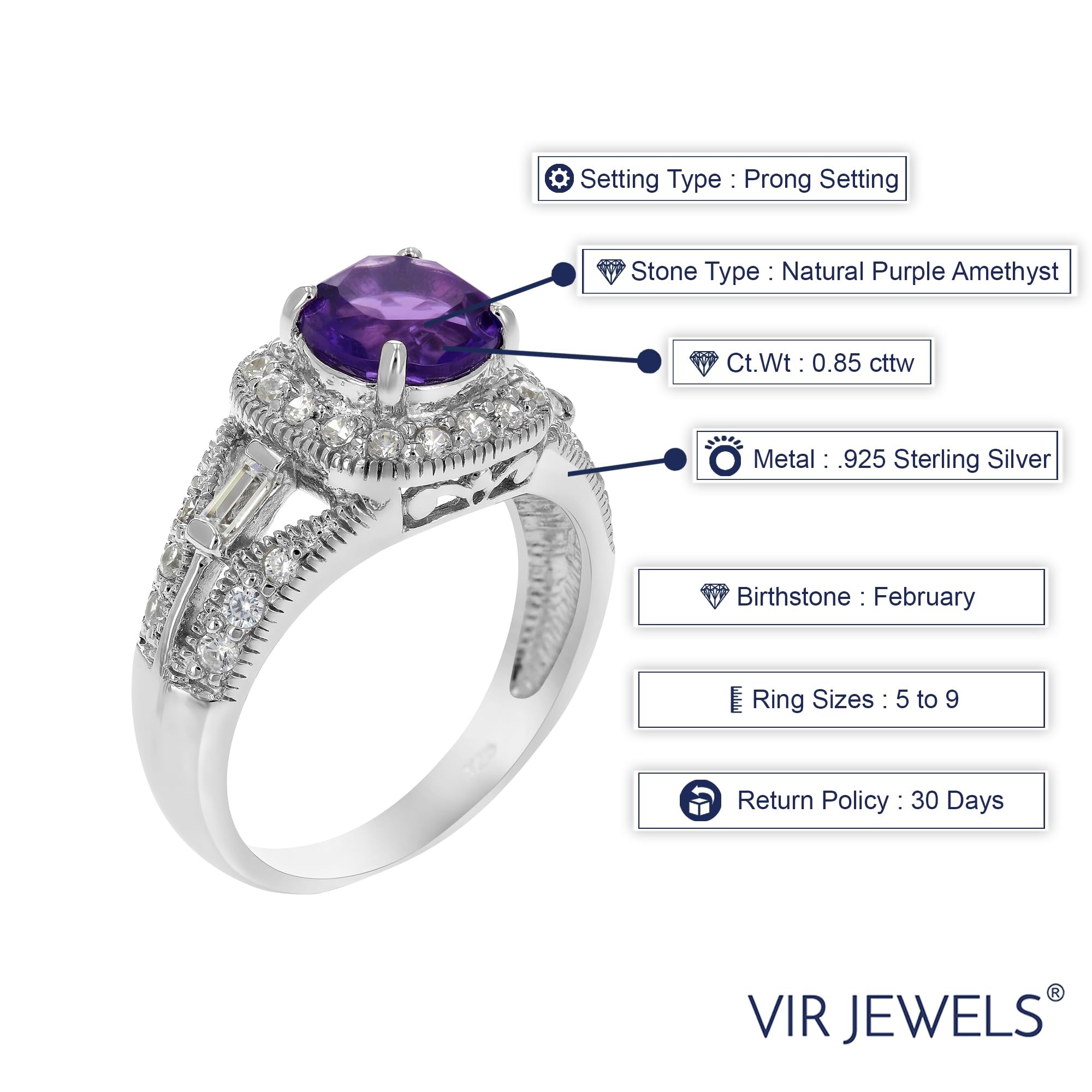 VIR JEWELS 0.85 cttw Purple Amethyst Ring .925 Sterling Silver with Rhodium Round 7 MM Size 7
