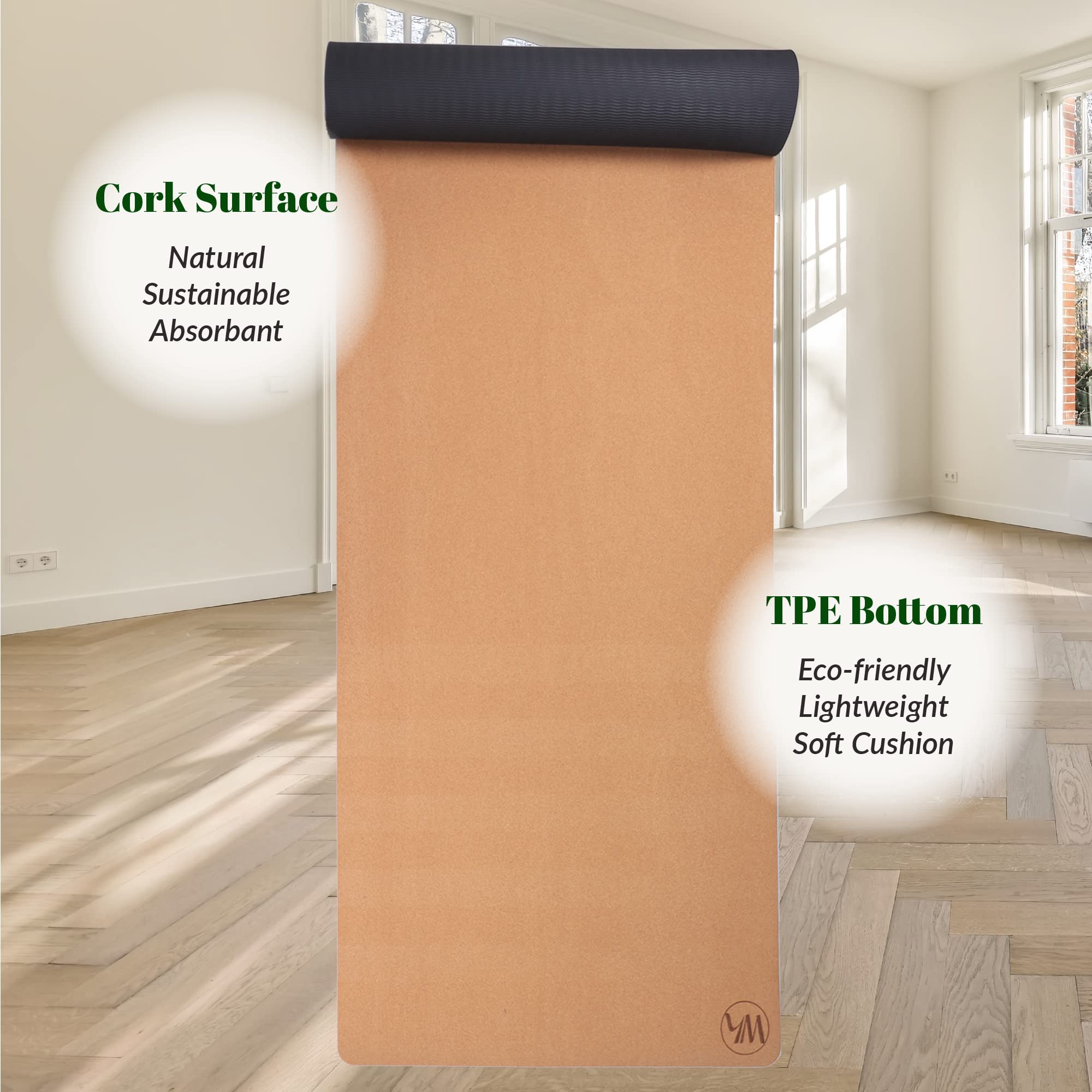 YogizMat Plain Cork Yoga Mat With Grip Strips - The Only Mat With True Dry and Wet Grip, Longer and Wider (73 x 27 in) 5mm Thick, Non-slip