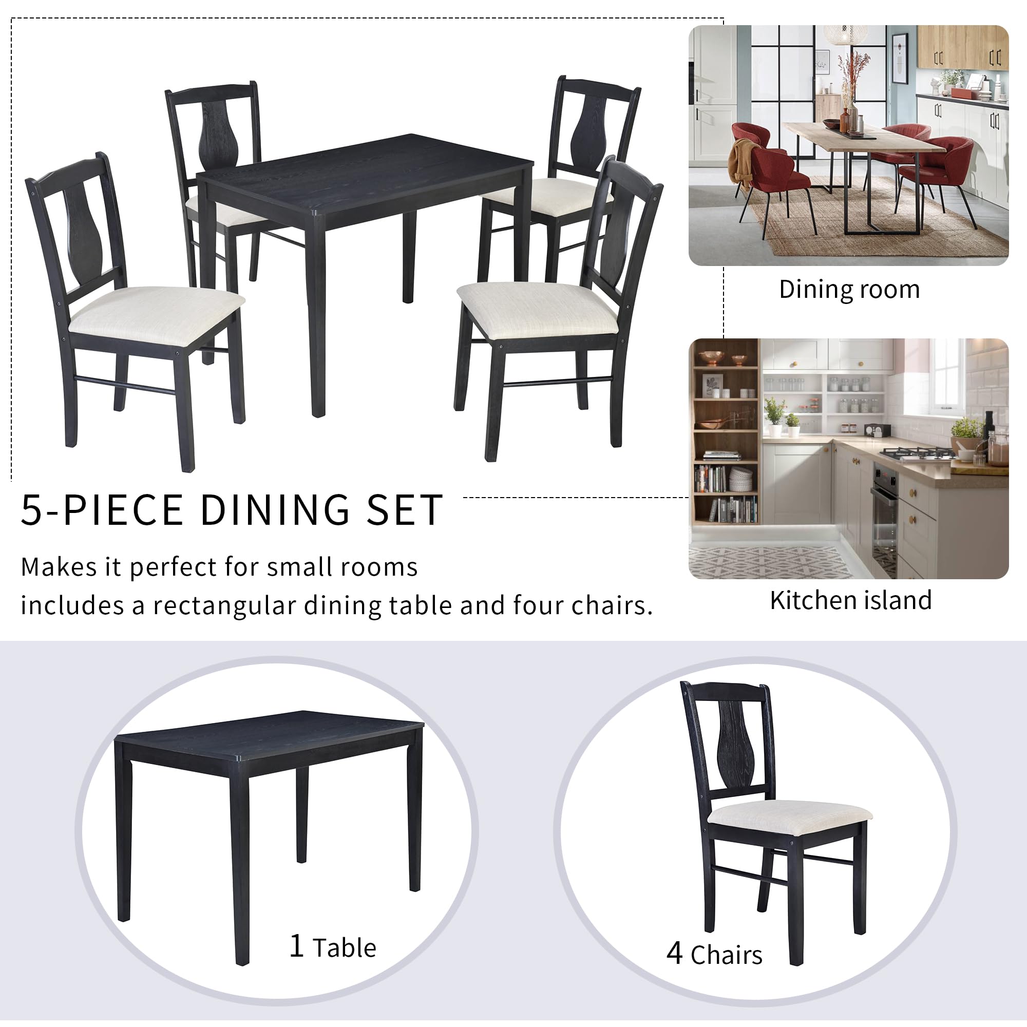Voohek, Small Dining Room Furniture Set for 4, 5 Piece Kitchen Table and Chairs, Spaces, Apartment, Dinette, Farmhouse, Black
