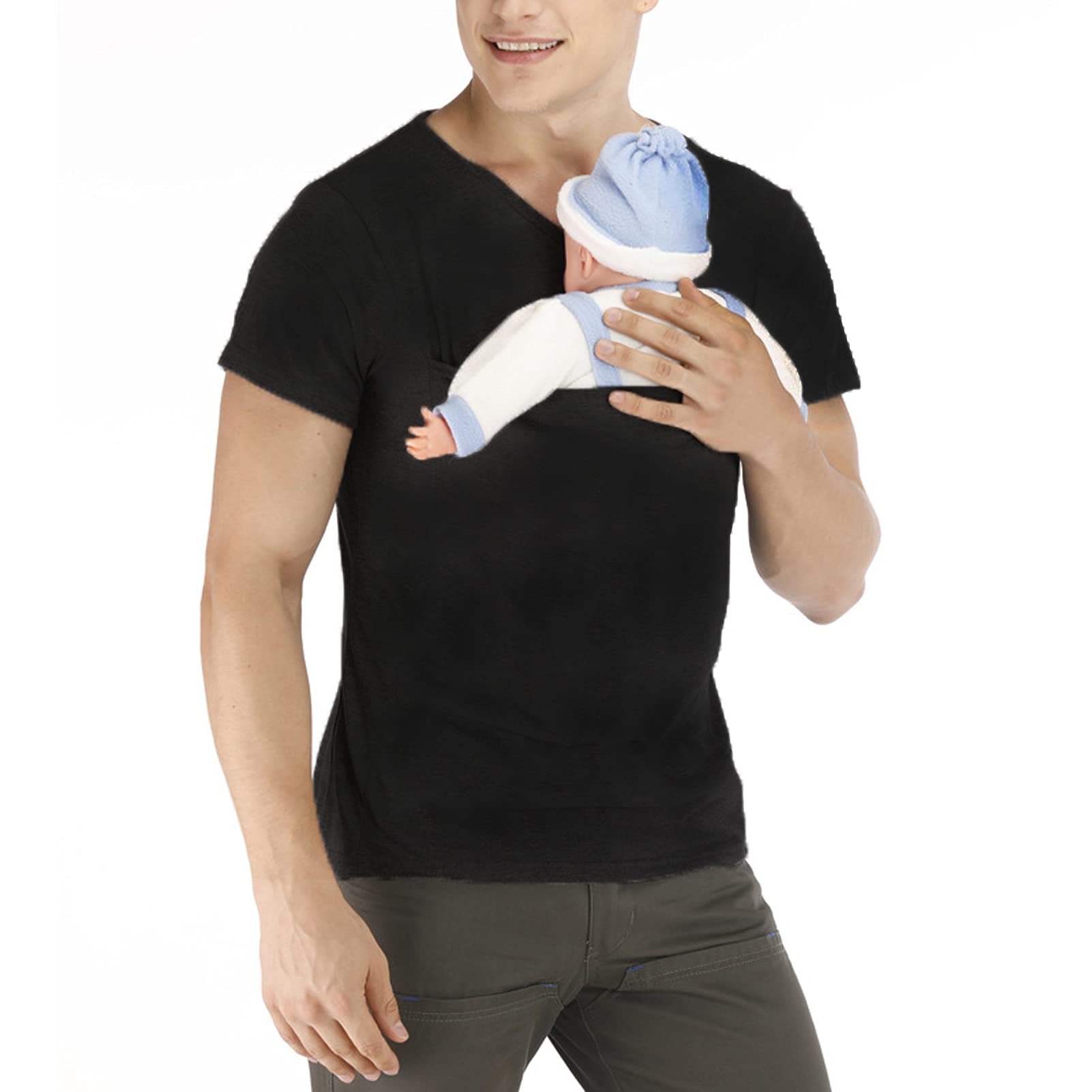 WW Kangaroo Dad T-Shirts Short Sleeve Baby Carrier Big Pocket Baby Care Nursing Blouse Black,L