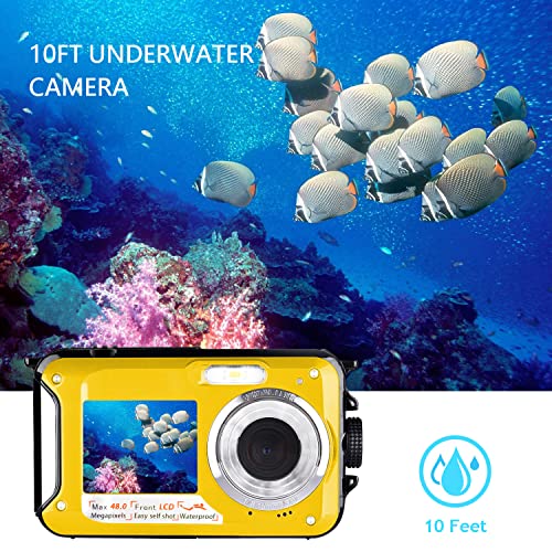 Waterproof Camera, Full HD 2.7K 48MP Digital Camera, Dual Screen Underwater Camera, 10FT Waterproof Camera for Snorkeling