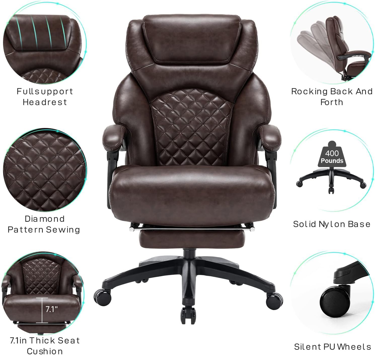 Sumeimics Big and Tall Office Chair Heavy Duty Office Executive Chair Reclining Office Chair with Footrest Brown