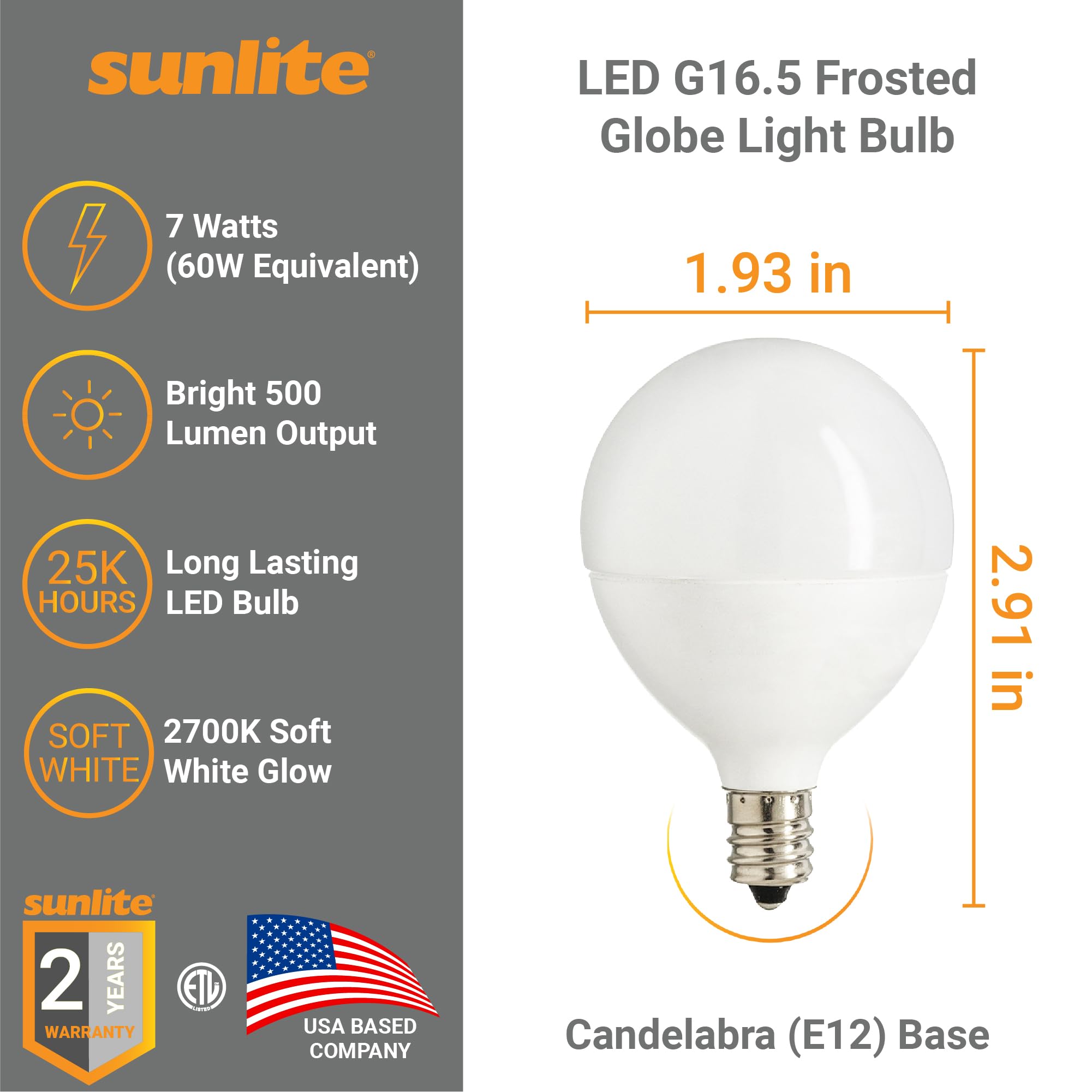 Sunlite 40299 LED G16.5 Globe Light Bulb, 7 Watts (60W Equivalent), 500 Lumens, 2700K Soft White, Dimmable, Candelabra E12 Base, Short Bulbs, Vanity Bulbs, Frosted, 3 Count