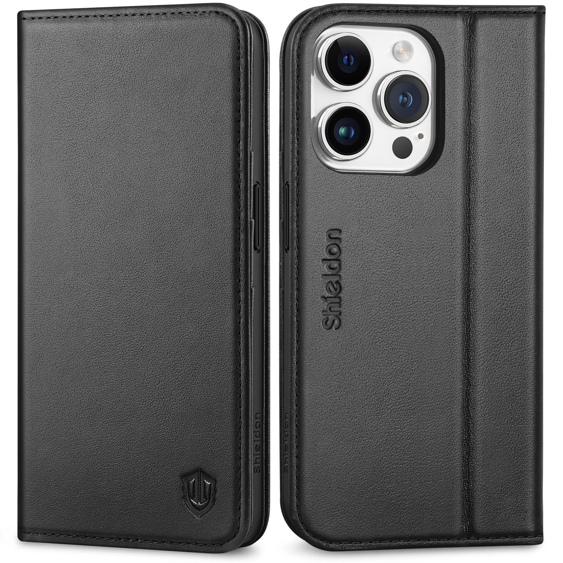 SHIELDON Case for iPhone 15 Pro 5G 6.1", Genuine Leather iPhone 15 Pro Wallet Case Flip Cover RFID Blocking Card Slots Magnetic Closure Shock-Absorbent Case Compatible with iPhone 15 Pro 2023 - Black