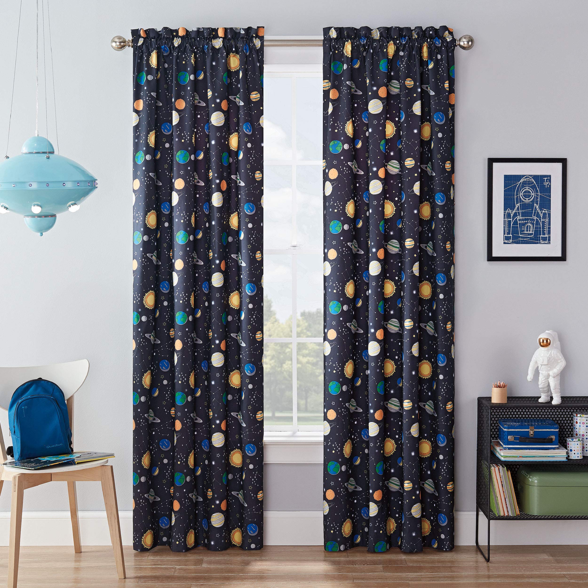 Waverly Kids Space Adventure Room Darkening Thermal Insulated Rod Pocket Curtains for Bedroom Nursery, Single Panel, 42" x 84", Navy