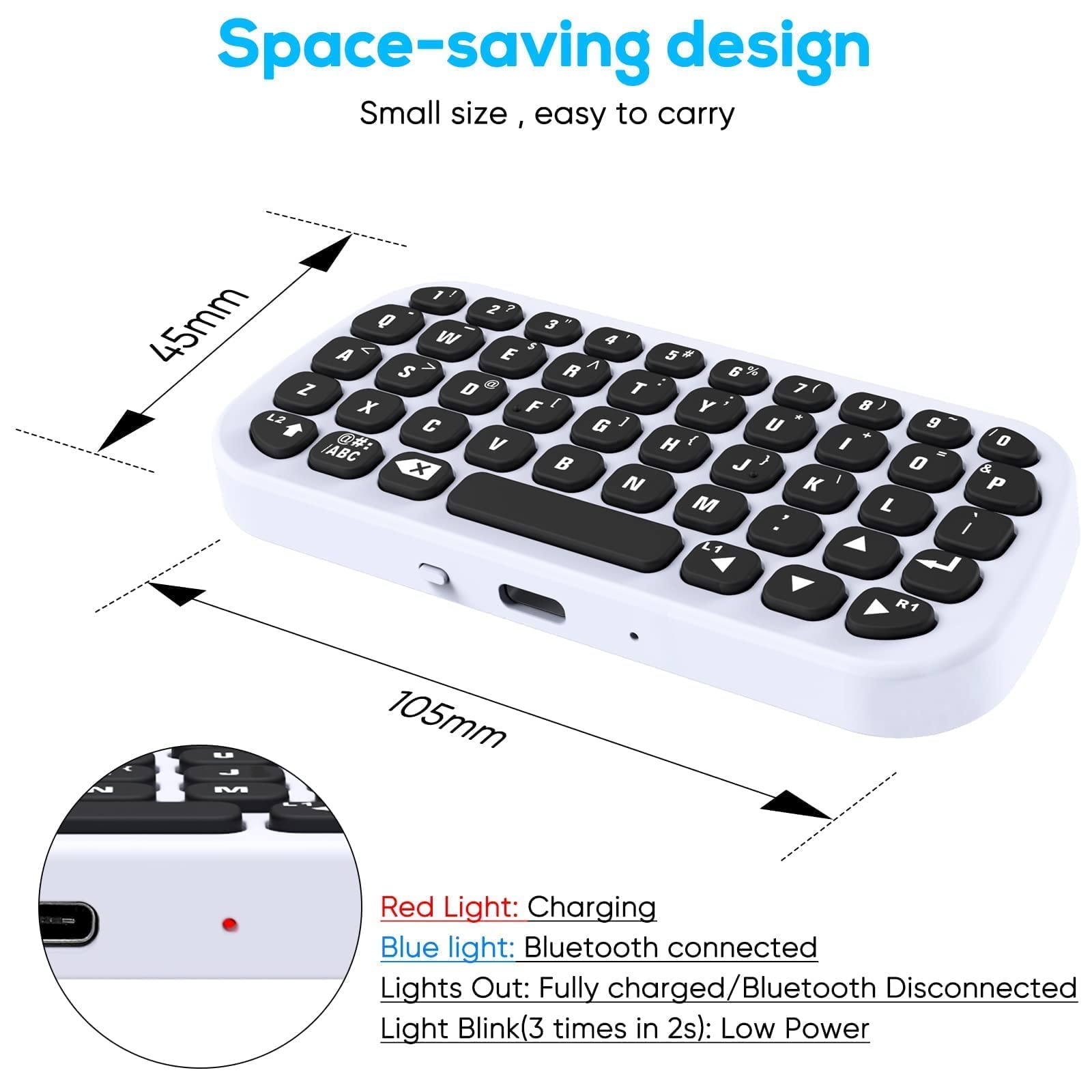 Wireless Keyboard for PS5 Controller, Mini Portable Bluetooth 3.0 Qwerty Keyboard Rechargeable Gamer Keypad with Stable Controller Mount Clip, Auto-Off, Reset & Search Function for Playstation 5