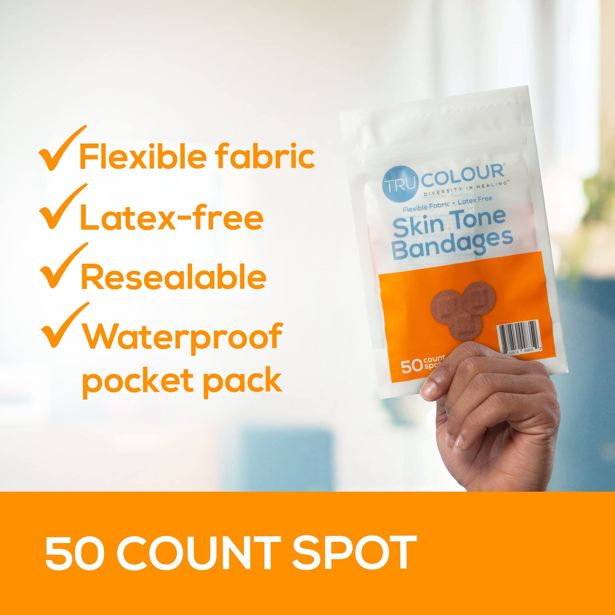 Tru Colour - Spot Bandages, Flexible Fabric Adhesive Bandages, Brown Skin Tone Shade, Orange Bag, 50 Count