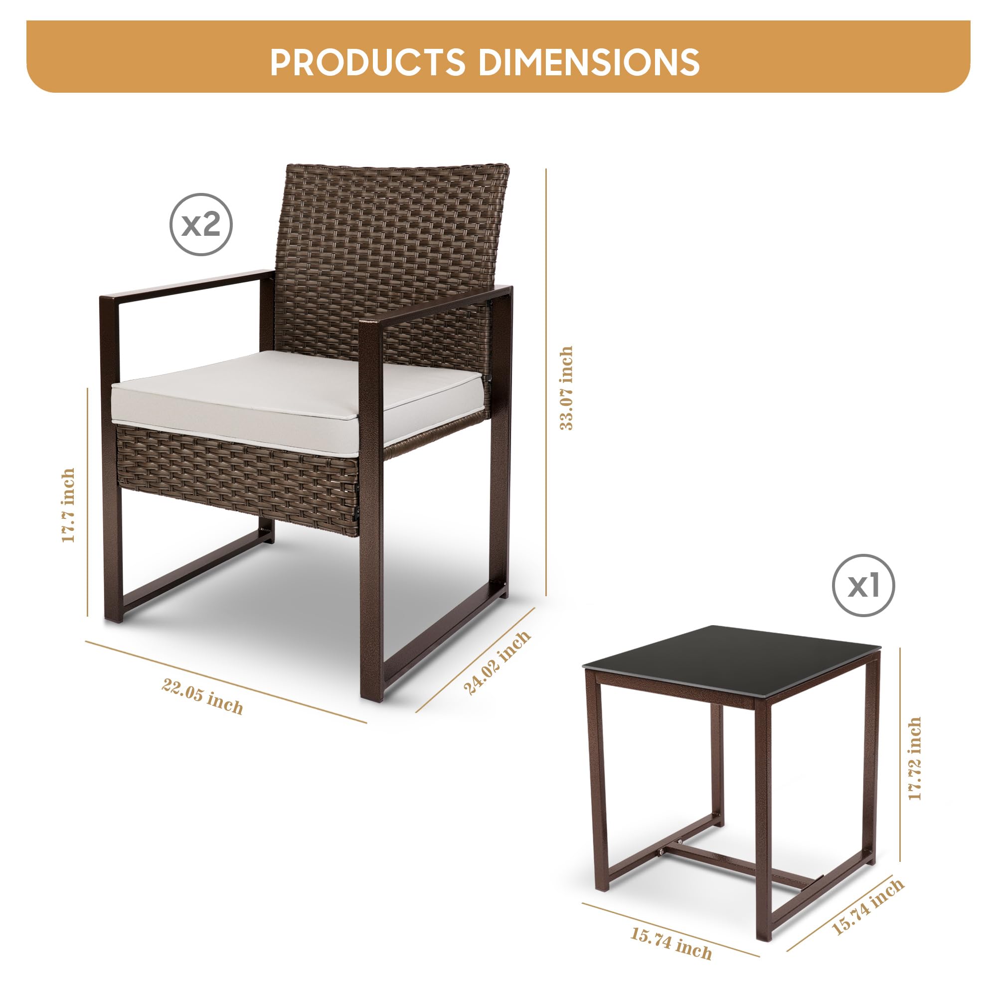 YIYAN Patio Furniture Set 3 Pieces Outdoor Rattan Chair Wicker Sofa Garden Conversation Bistro Sets with Coffee Table,Comfortable Washable Cushions (White)