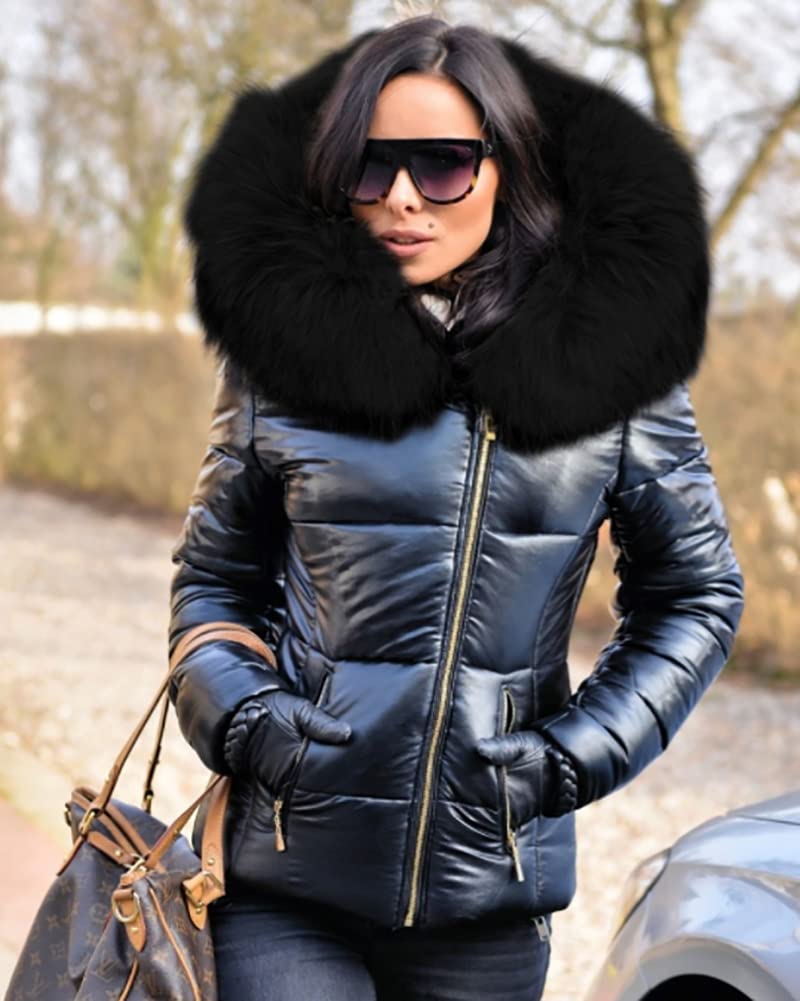 tiptupu Women's Winter Thicken Coat Lightweight Short Down Jacket Quilted Parka with Fur Hood (as1, alpha, m, regular, regular, Black Black)