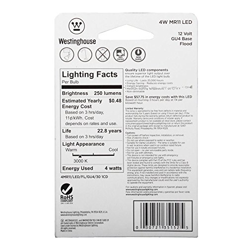 Westinghouse 3515220 25-Watt Equivalent MR11 Flood Bright White LED Light Bulb with GU4 Base, Four Pack, 4 Count