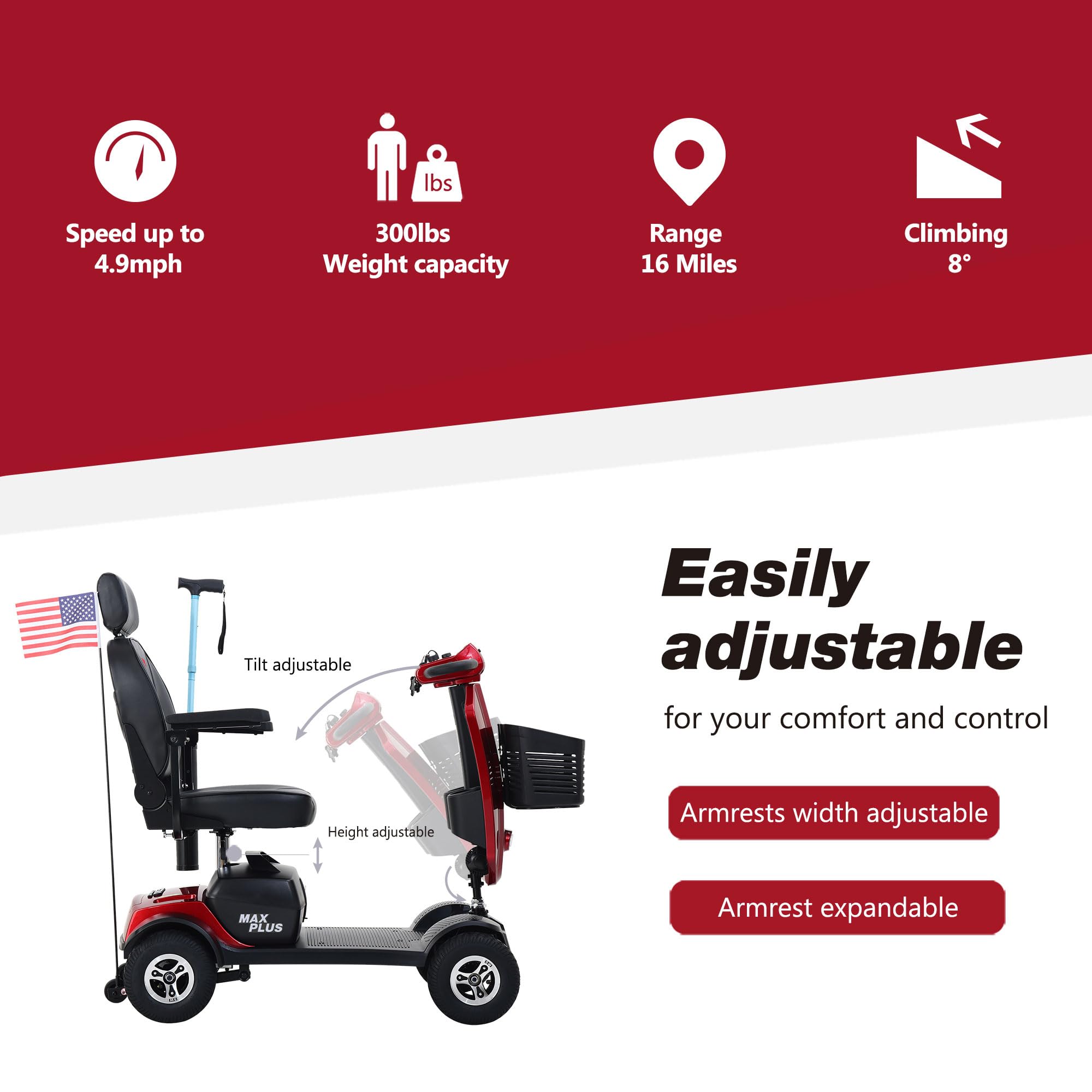 Xmatch 4-Wheel Metro Mobility Scooter Battery Powered with Front Basket Compact Foldable Seat (Red, WB30" Wind Guard & Suspension)