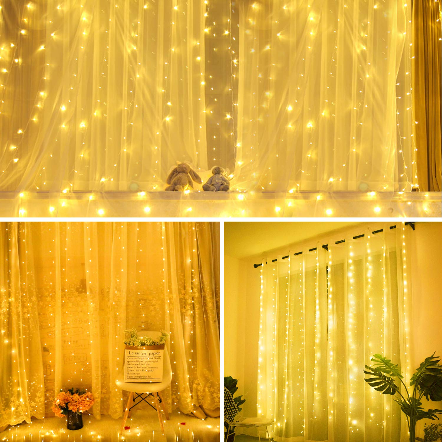SUNNEST Curtain String Light Christmas 300 LED 8 Lighting Modes Fairy Lights Remote Control USB Powered Waterproof Lights