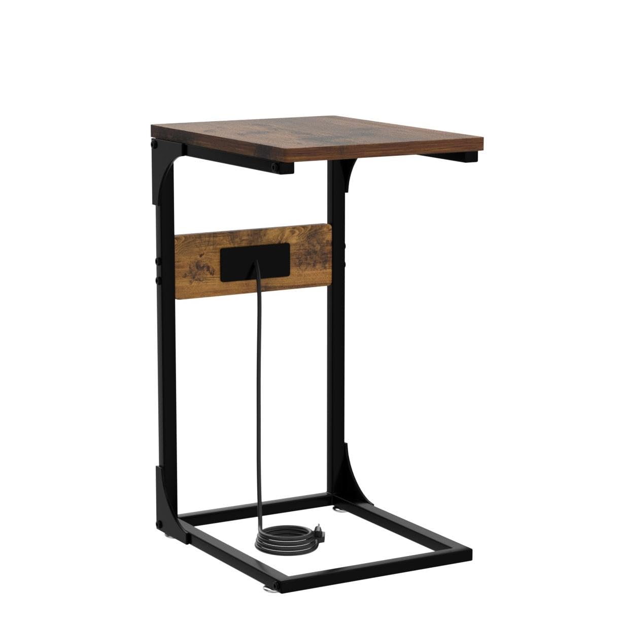 SUPERJARE C Shaped End Table with Charging Station, Bed Side Table with USB Port & Outlet, Couch Table, C Table for Living Room, Set of 2, Rustic Brown