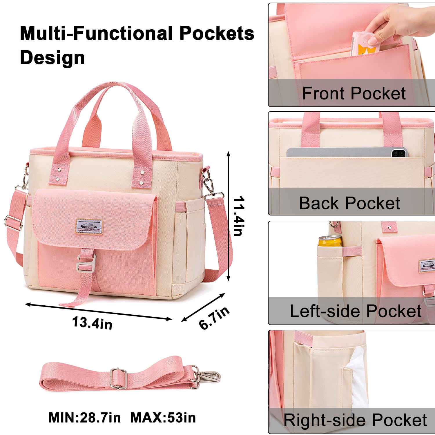 Weitars Insulated Lunch Bag for Men Women,Leak Proof Lunch Box for Work,Extra Large Lunch Tote Bag With Removable Shoulder Strap with Side Pockets,Reusable Lunch Bag For Picnic Hiking