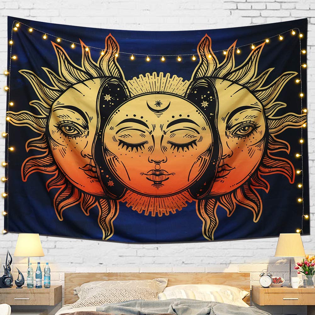 Sevenstars Sun and Moon Tapestry Burning Sun with Star Tapestry Psychedelic Tapestry Black and White Mystic Tapestry Wall Hanging