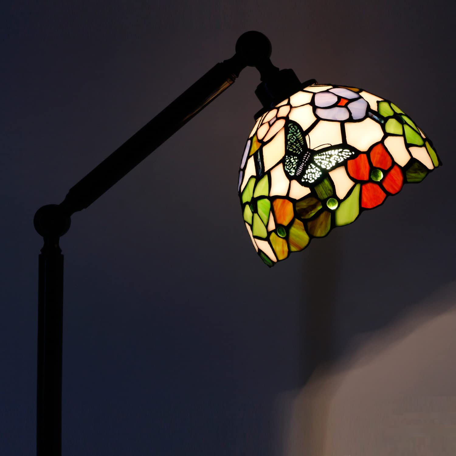 ZJART Tiffany Floor Lamp Torches Stained Glass Lamp 8X8X72 Inch Swivel Arm Angle Adjustable Antique Reading Light (Butterfly Flowers)