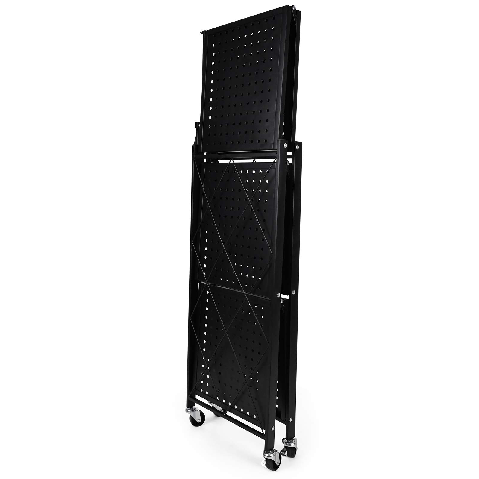 YSSOA 3-Tier Foldable Metal Shelves Heavy Duty Storage Shelving Unit with Wheels, Organizer Shelves for Garage Kitchen, Black