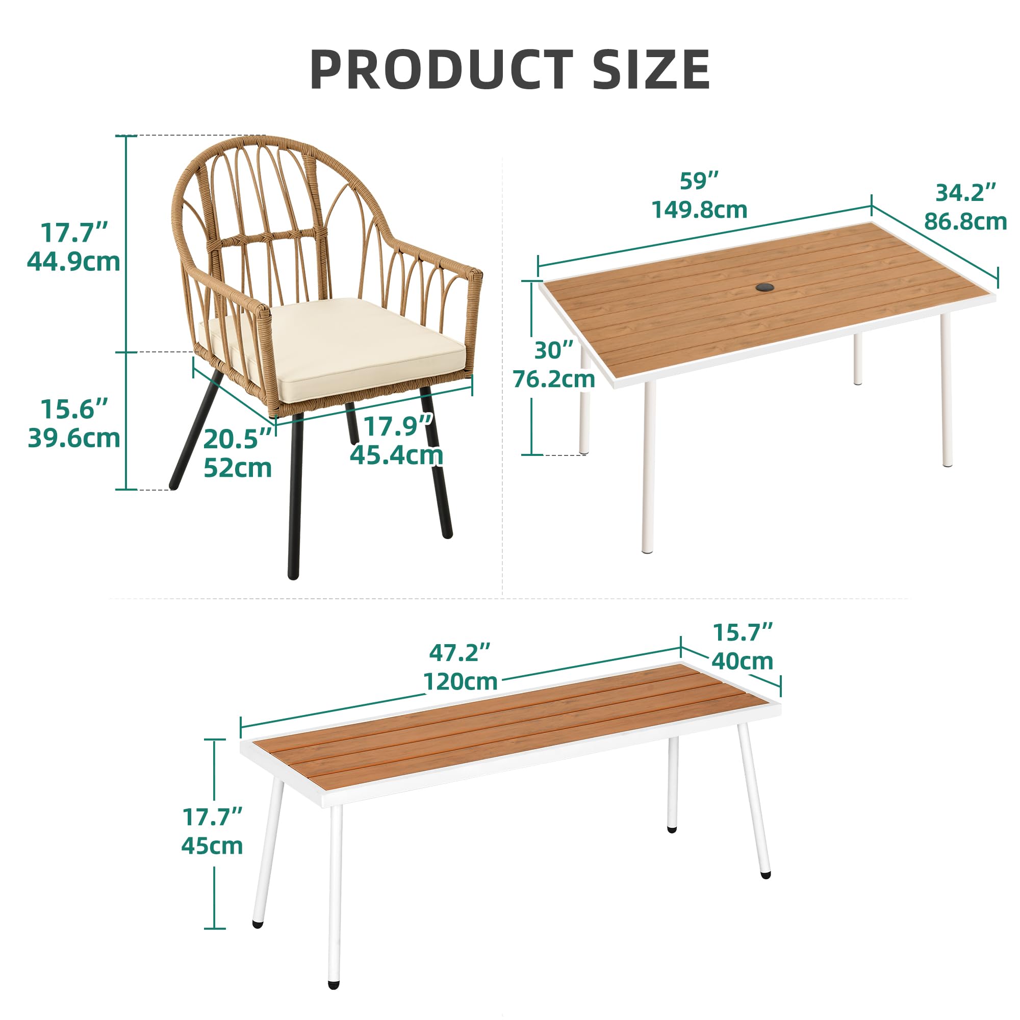 YITAHOME 8 Pieces Outdoor Patio Dining Set with Wicker Patio Dining Chair, Backless Bench & Table with Umbrella Hole, Garden Dining for Patios, Backyard, Balcony, Lawn