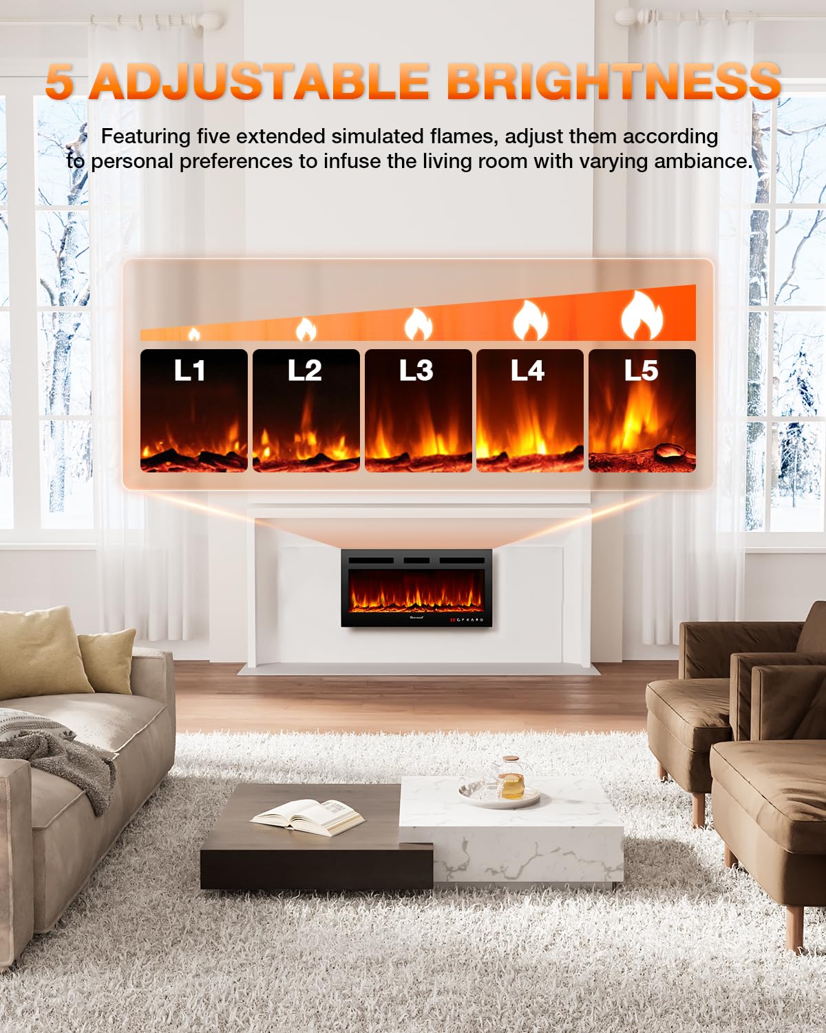 VISVEIL Electric Fireplace 36Inch,Realistic Flame Electric Fireplace Heater,Log Set/Crystal Flames 750-1500W with Timer Inserts/Wall Mounted/TV Stand Touch Screen & Remote for Living Room Easy Install