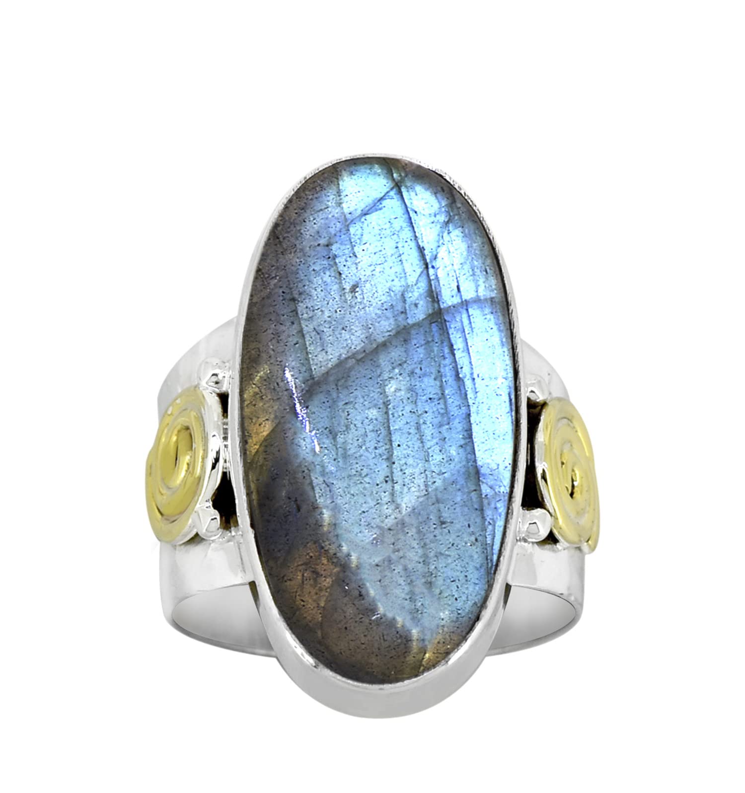 YoTreasure Natural Labradorite 925 Sterling Silver Brass Bold Ring Jewelry