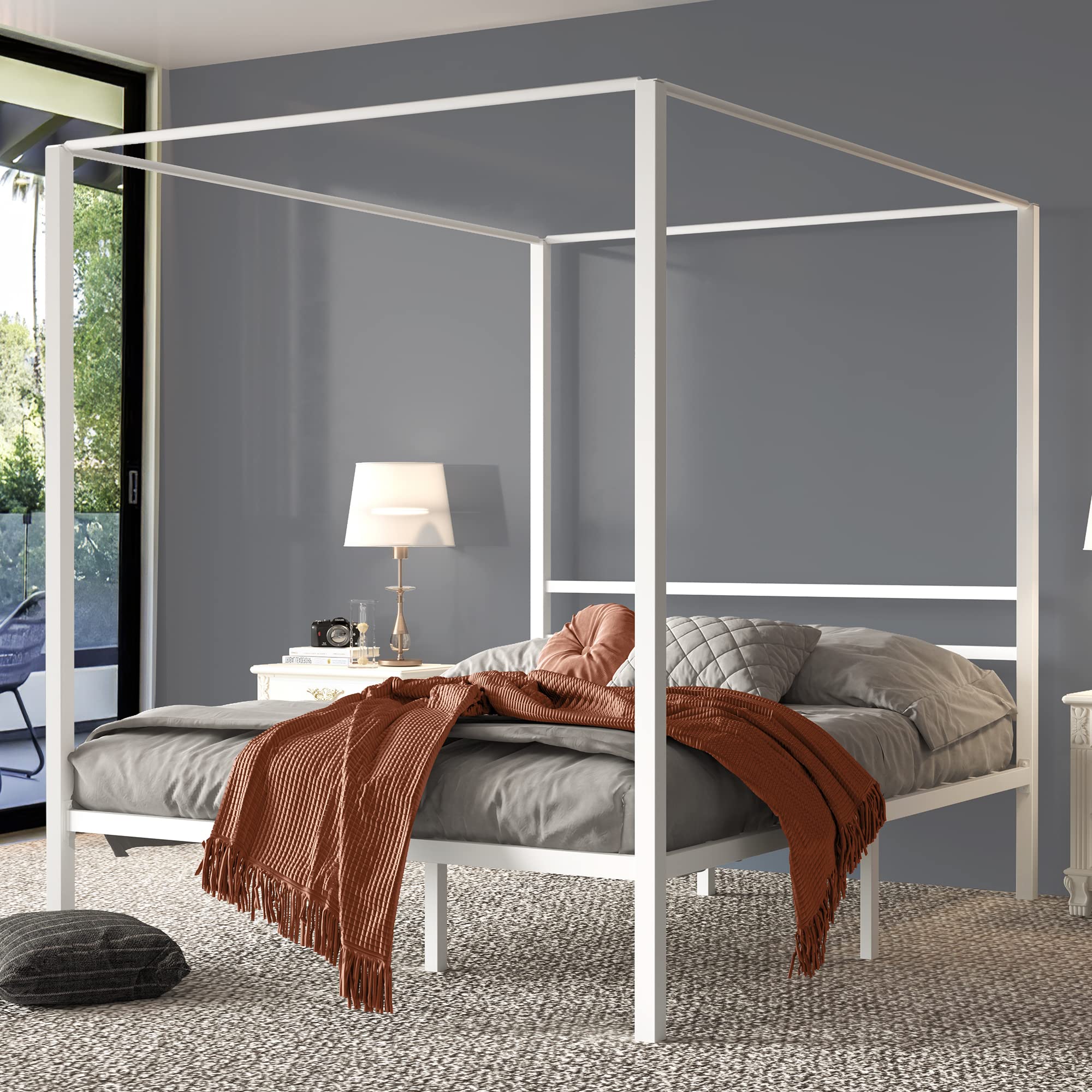 YITAHOME Canopy Bed Frame Metal Four Posters 14 Inch Platform with Built-in Headboard Strong Metal Slat Mattress Support, No Box Spring Needed, White, Queen Size