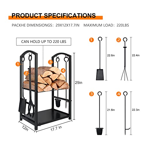 WBHome Firewood Rack with 4 Tools - Iron Fire Log Holder Storage Set Includes Brush, Shovel, Poker, and Tongs, 17 x 29 x 12 inches, for Indoor/Outdoor