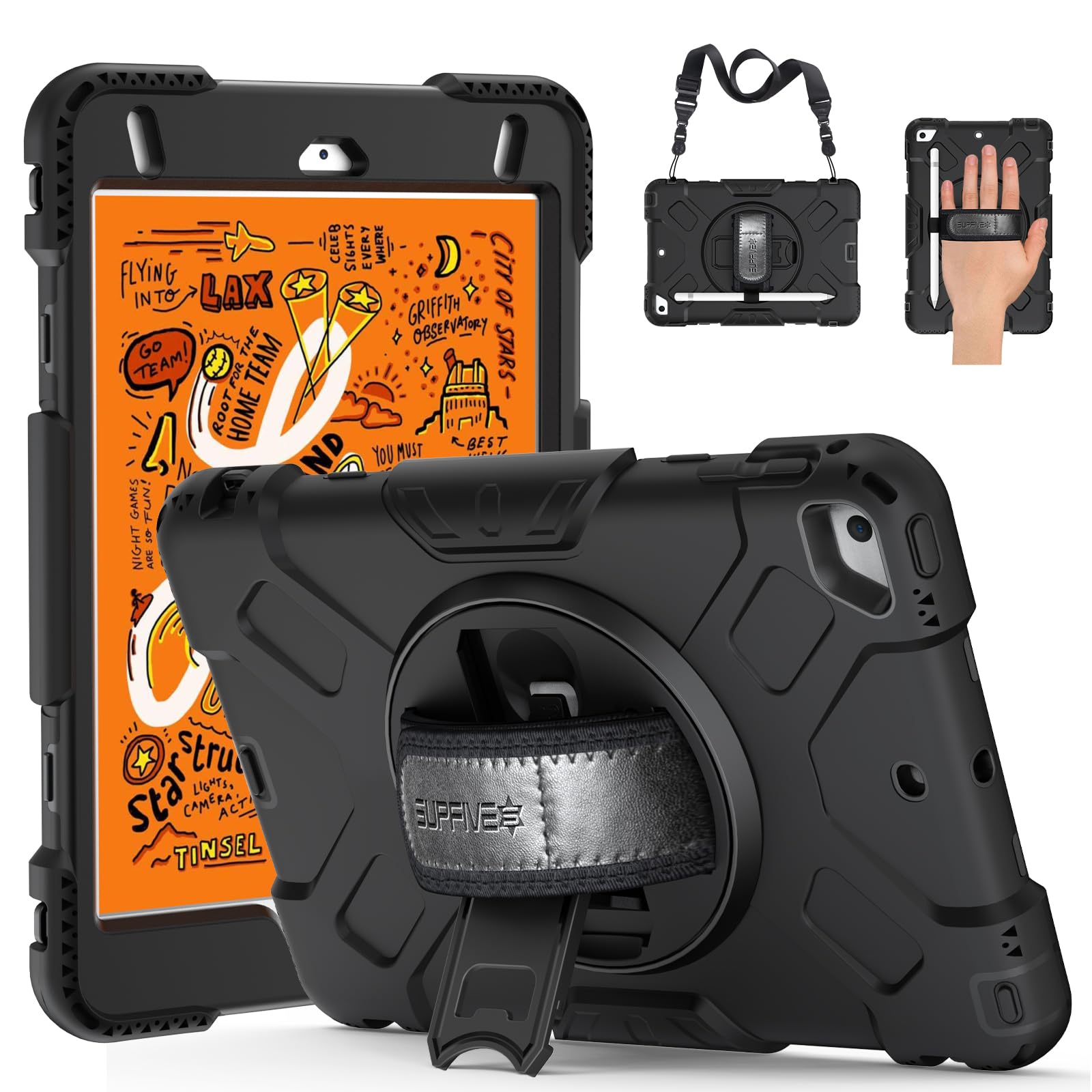 SUPFIVES Case for iPad Mini 5 2019, iPad Mini 4 Case for Kids Military Grade Protective Rugged Case with Shoulder Strap + Kickstand + Pencil Holder for iPad Mini 5th/ 4th Generation 7.9 inch- Black