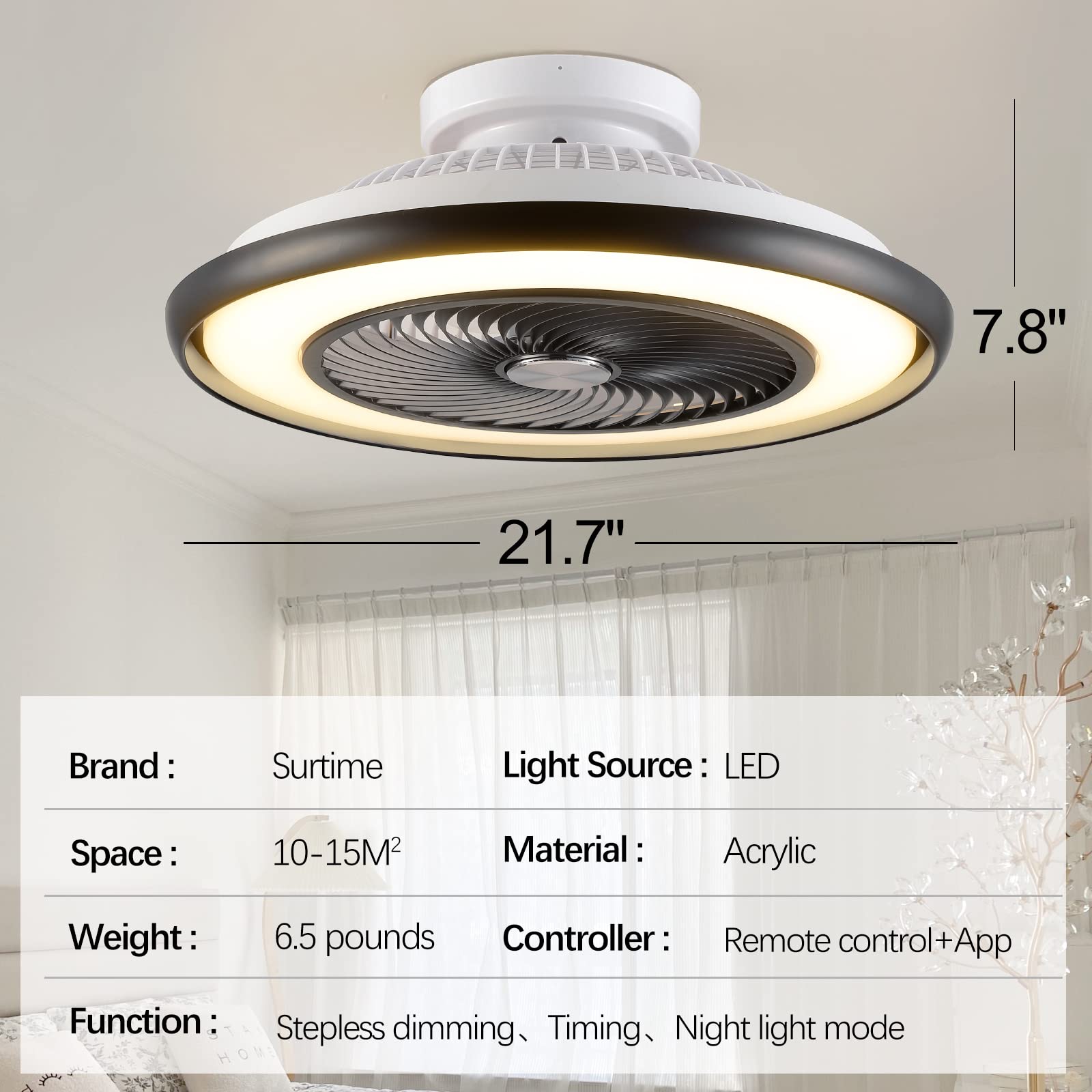 Surtime Ceiling Fans with Lights and Remote Control,Modern Low Profile Bladeless Small Ceiling Fan for Bedroom,22" Flush Mount Enclosed Ceiling Fans