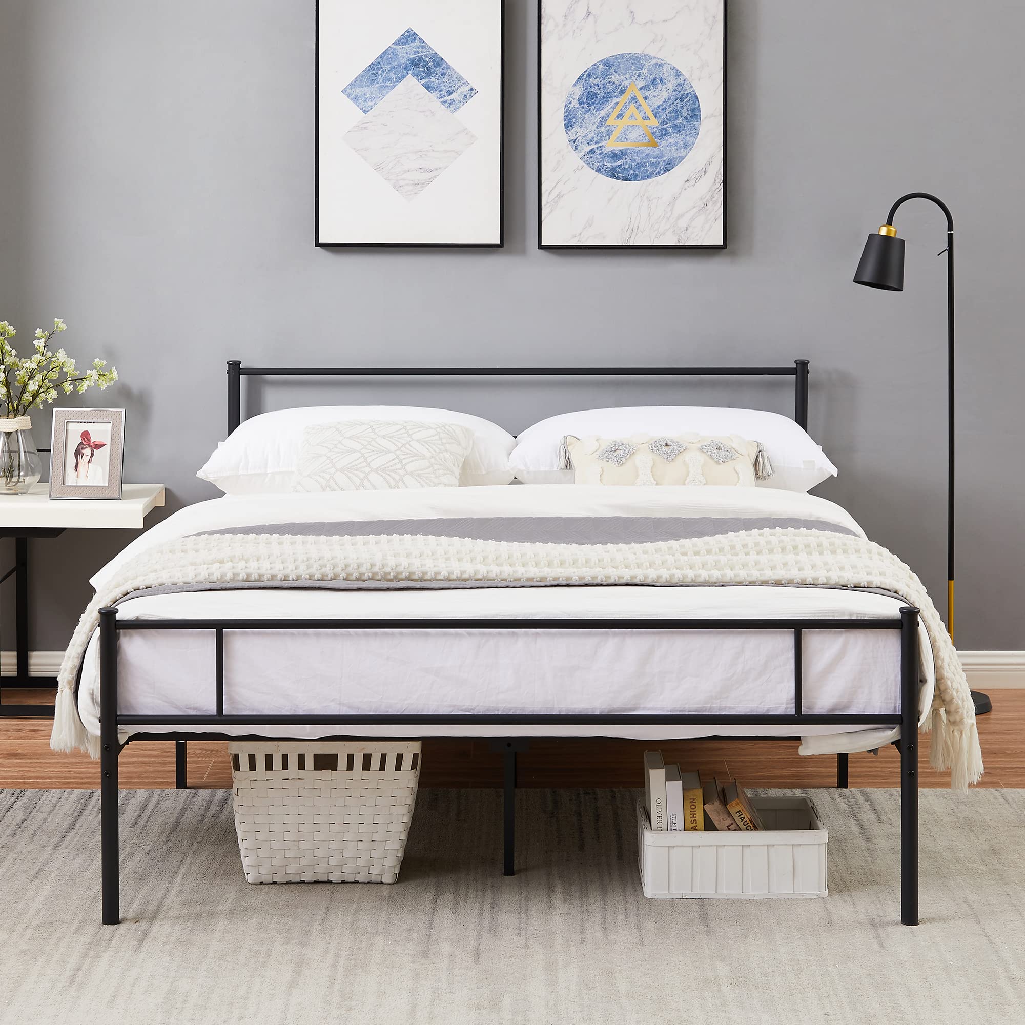 VECELO Queen Size Metal Platform Bed Frame with Headboard and Footboard & Strong Slats Support, No Box Spring Needed & Twin Platform Bed Frame with Headboard and Footboard, No Box Spring Needed