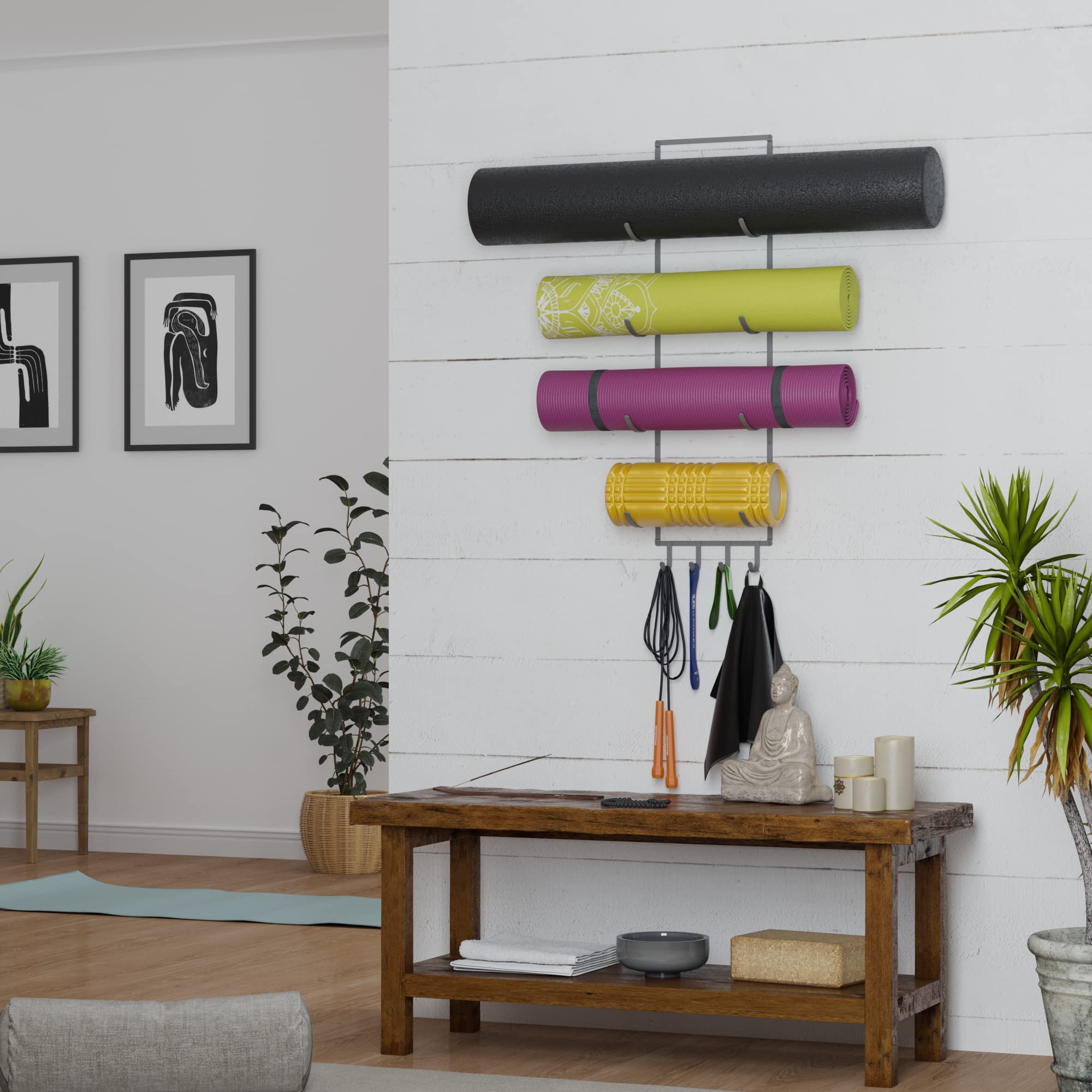 You Have Space Tulum Yoga Mat Holder, Wall Storage Rack for Foam Roller Set, Yoga Mats, Towel Rack with 4 S Hooks, 4 Sectional, Metal, Black, Gray