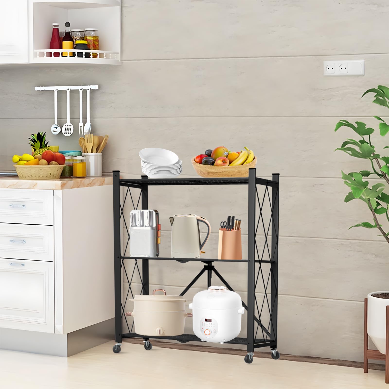 Yuanjimi 3 Tier Foldable Storage Shelf with Wheels, Heavy Duty Garage Shelving Unit Loads 550 LBS, Metal Steel Collapsible Shelves, Rolling Standing Utility Rack for Kitchen, Pantry, Office, Black