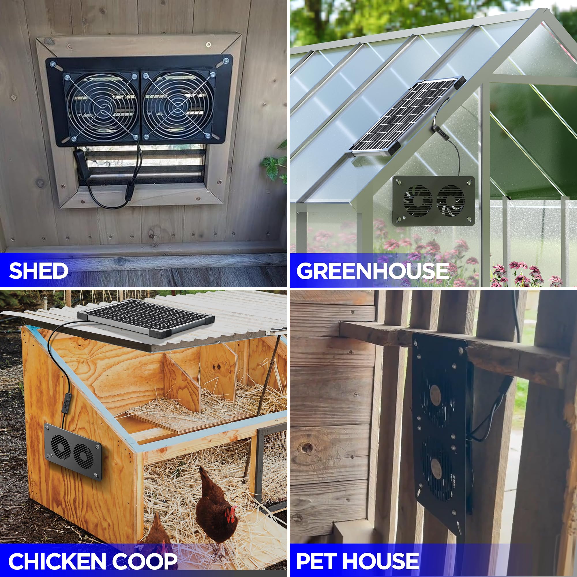 Voltset Solar Powered Fan, 15W Pro Solar Panel IP65 Waterproof with Solar Exhaust Fan for Greenhouse, Shed, Chicken Coop, Pet Houses, Outside