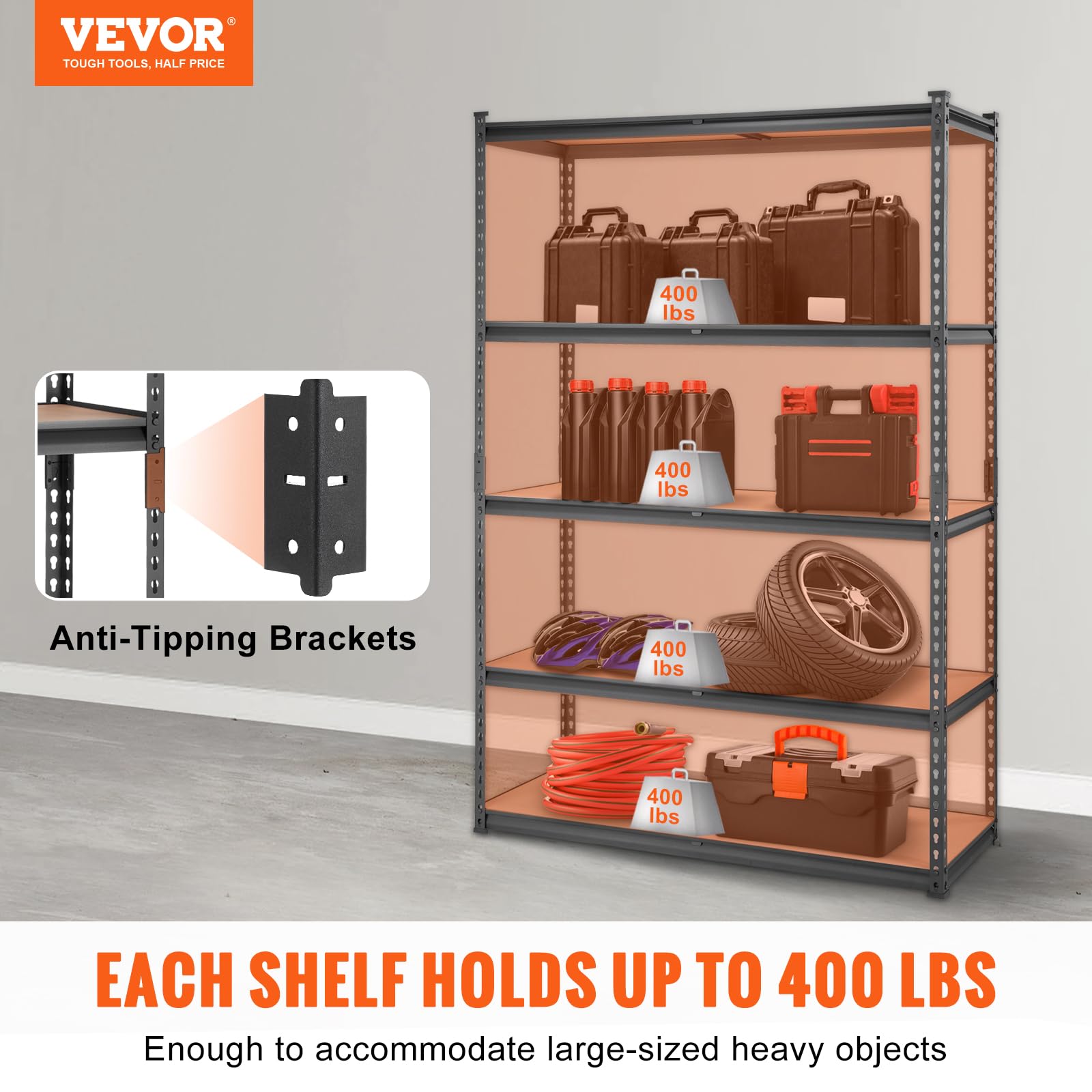VEVOR Storage Shelving Unit, 5-Tier Adjustable, 2000 lbs Capacity, Heavy Duty Garage Shelves Metal Organizer Utility Rack, Black, 48" L x 18" W x 72" H for Kitchen Pantry Basement Bathroom Laundry