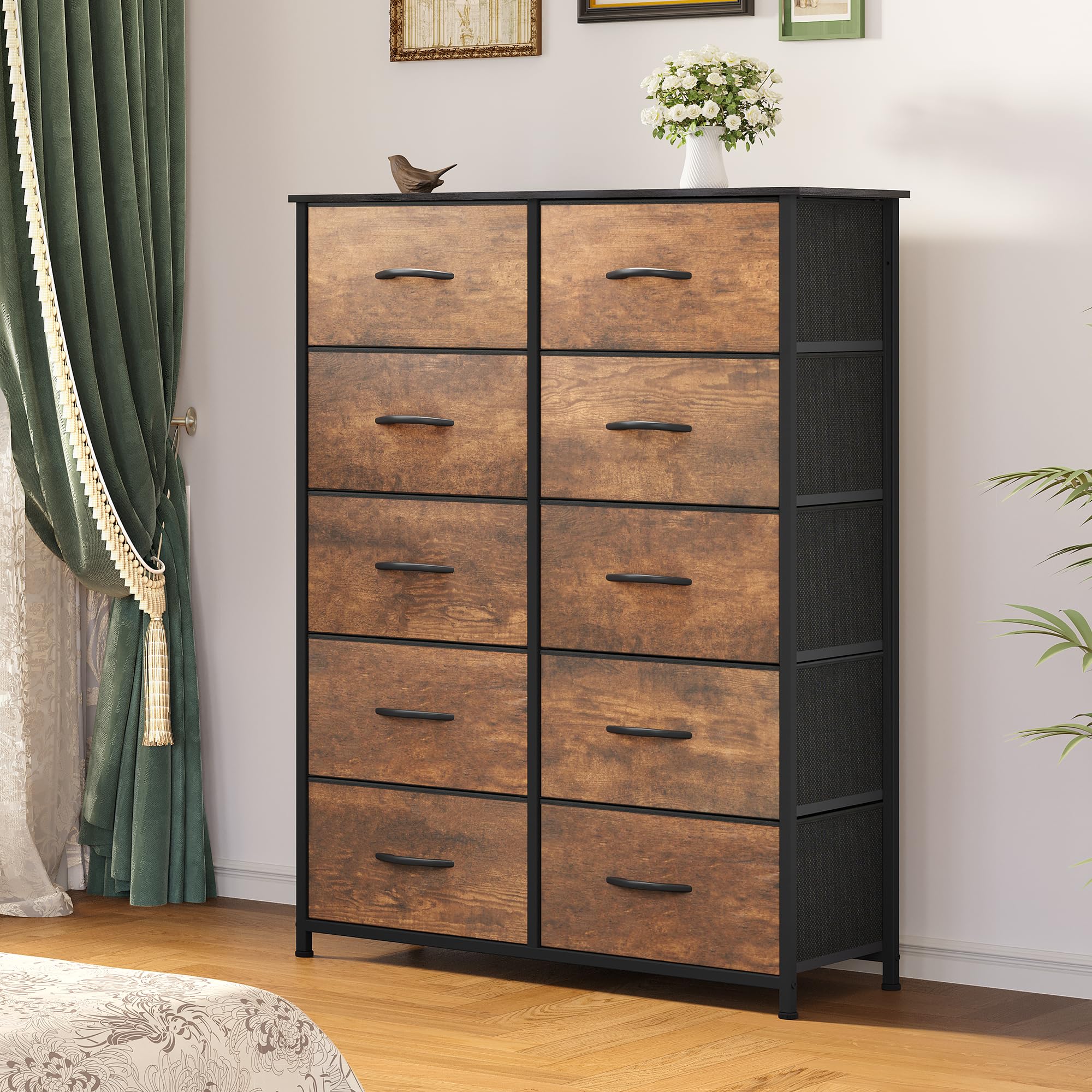 YITAHOME Dresser with 10 Drawers - Tall Fabric Storage Tower for Living Room, Hallway - Sturdy Steel Frame, Wooden Top & Easy Pull Fabric Bins