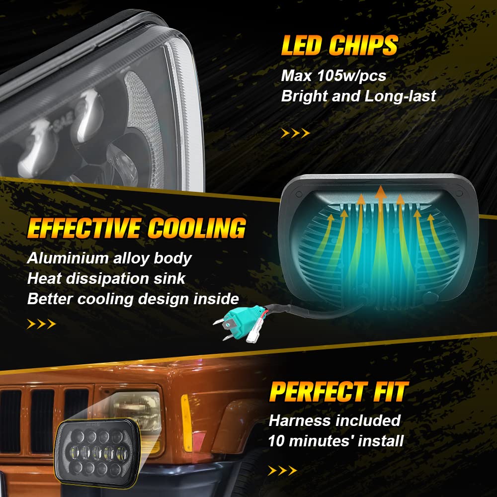 SPL 105W Brightest 5x7 7x6 Projector Led Headlights Sealed Beam H4 Plug H6054 H5054 with DRL Compatible with Jeep Wrangler YJ Cherokee XJ Ford Chevy GMC Toyota etc(Black Pair)