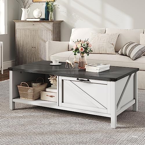 YITAHOME Farmhouse Coffee Table Wooden Cocktail Table,with Cabinets and 2-Tier Storage Open Shelf,Modern Rustic Center Rectangular Tables for Living Room,Home,Office,Living Meeting Room,White & Grey.